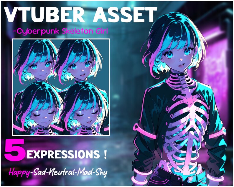 Cyberpunk Skeleton Girl Pngtuber Model: 5 Expressions (veadotube) - Etsy