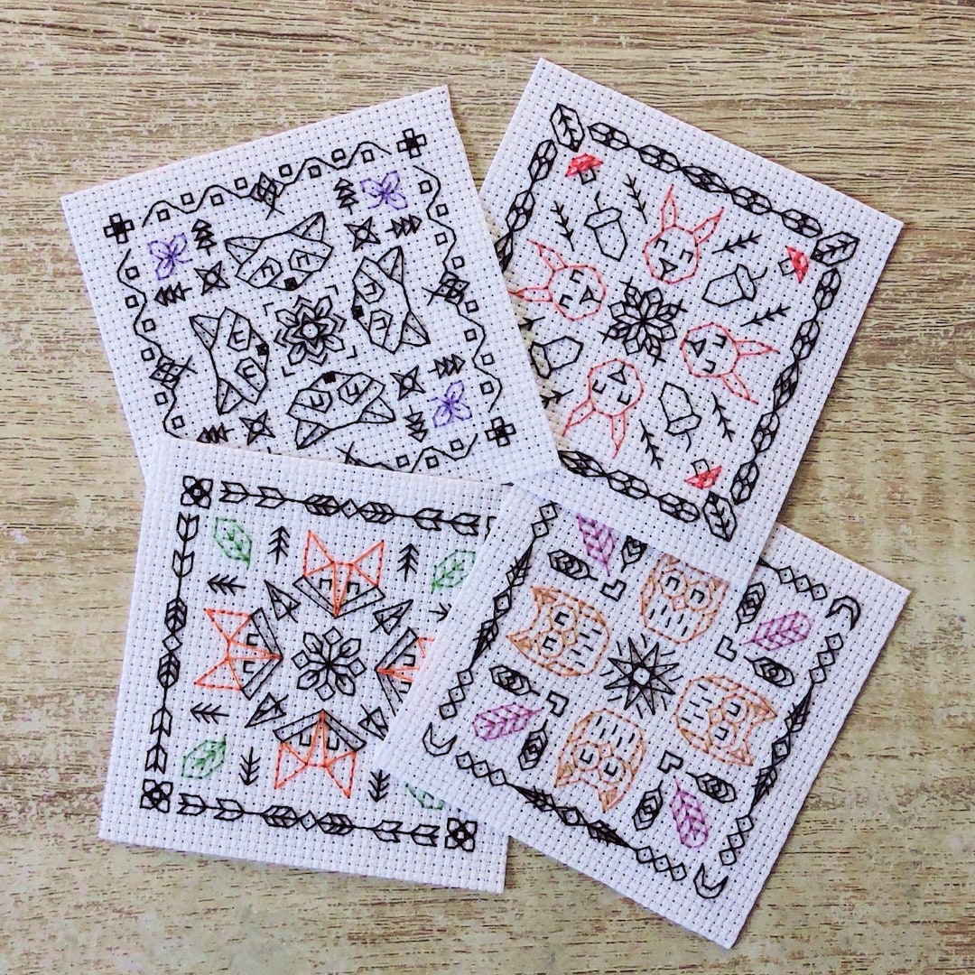 Woodland Animal Small Blackwork Samplers | Biscornu, Coasters, Greeting ...