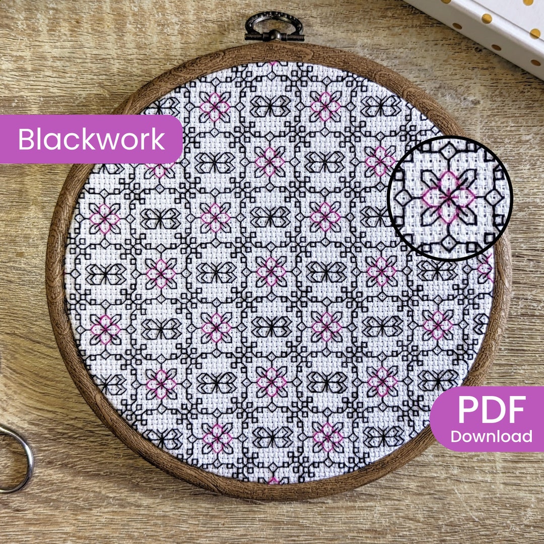 Butterfly Blackwork Pattern With Pink Cherry Blossom Spring Floral ...