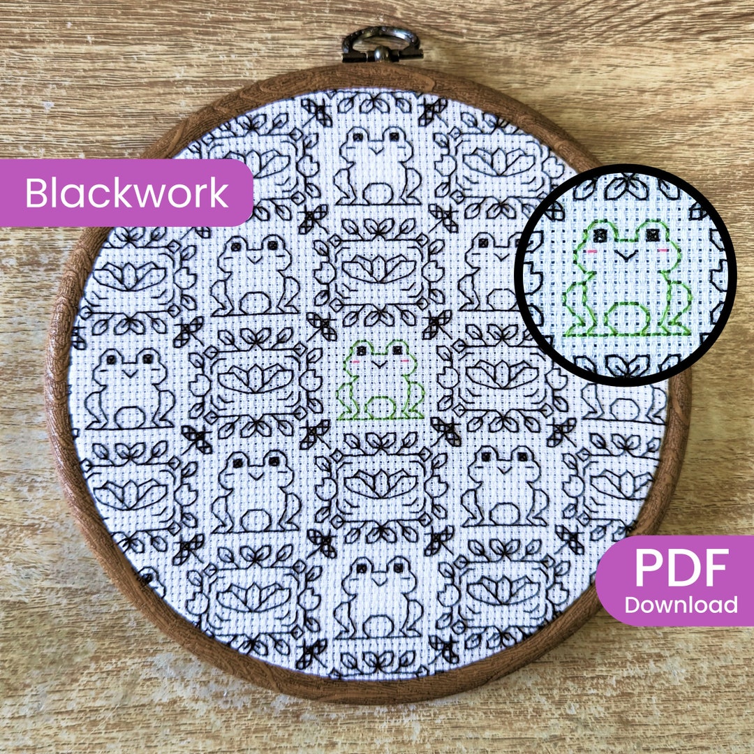 Frog Blackwork Pattern With Repeating Dragonflies, Lily Pads & Pond ...
