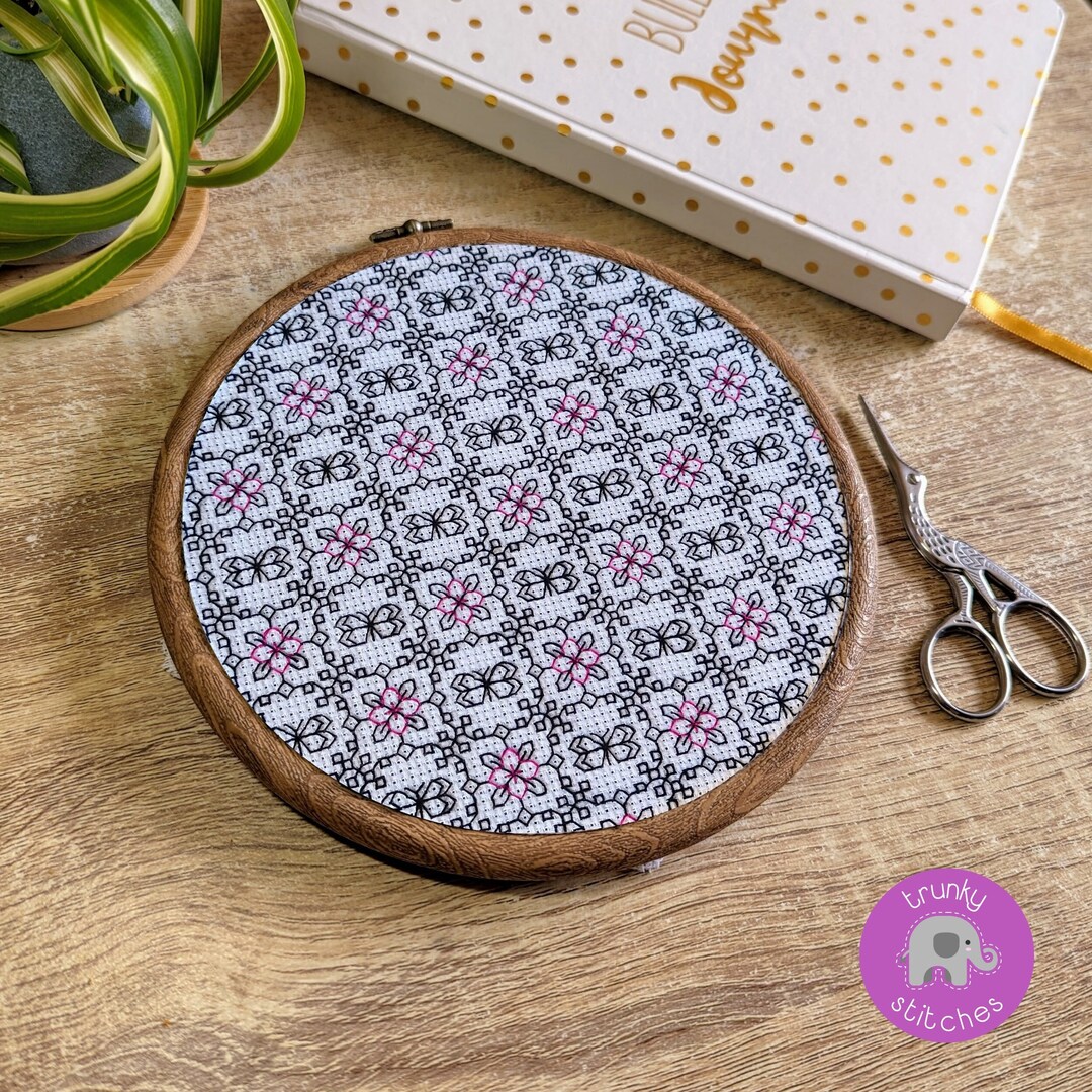 Butterfly Blackwork Pattern With Pink Cherry Blossom | Spring Floral Blackwork Cross Stitch ...