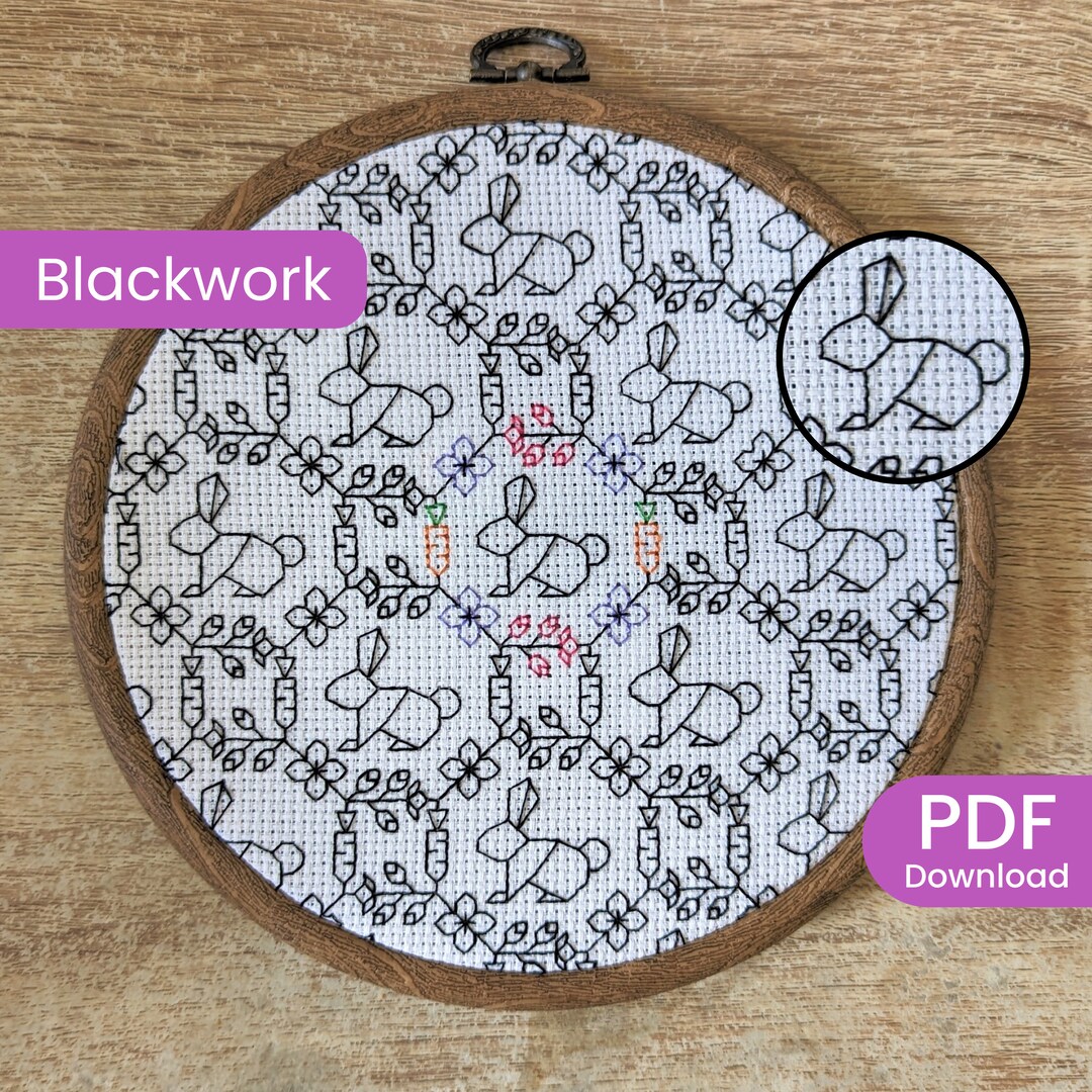 Blackwork Bunny Rabbit Pattern Easter Bunny With Spring Flowers and Carrots Modern Backstitch ...
