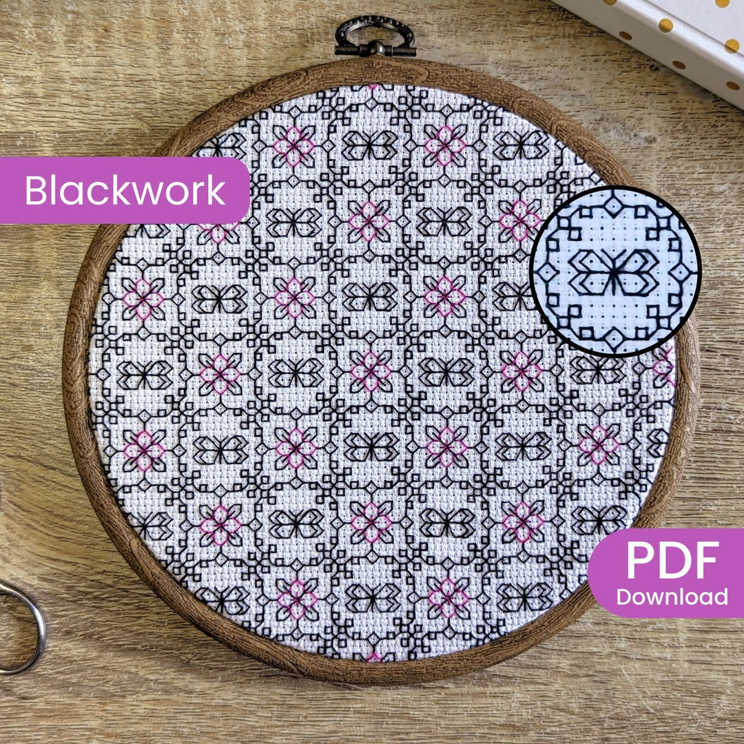 Butterfly Blackwork Pattern With Pink Cherry Blossom Spring - Etsy