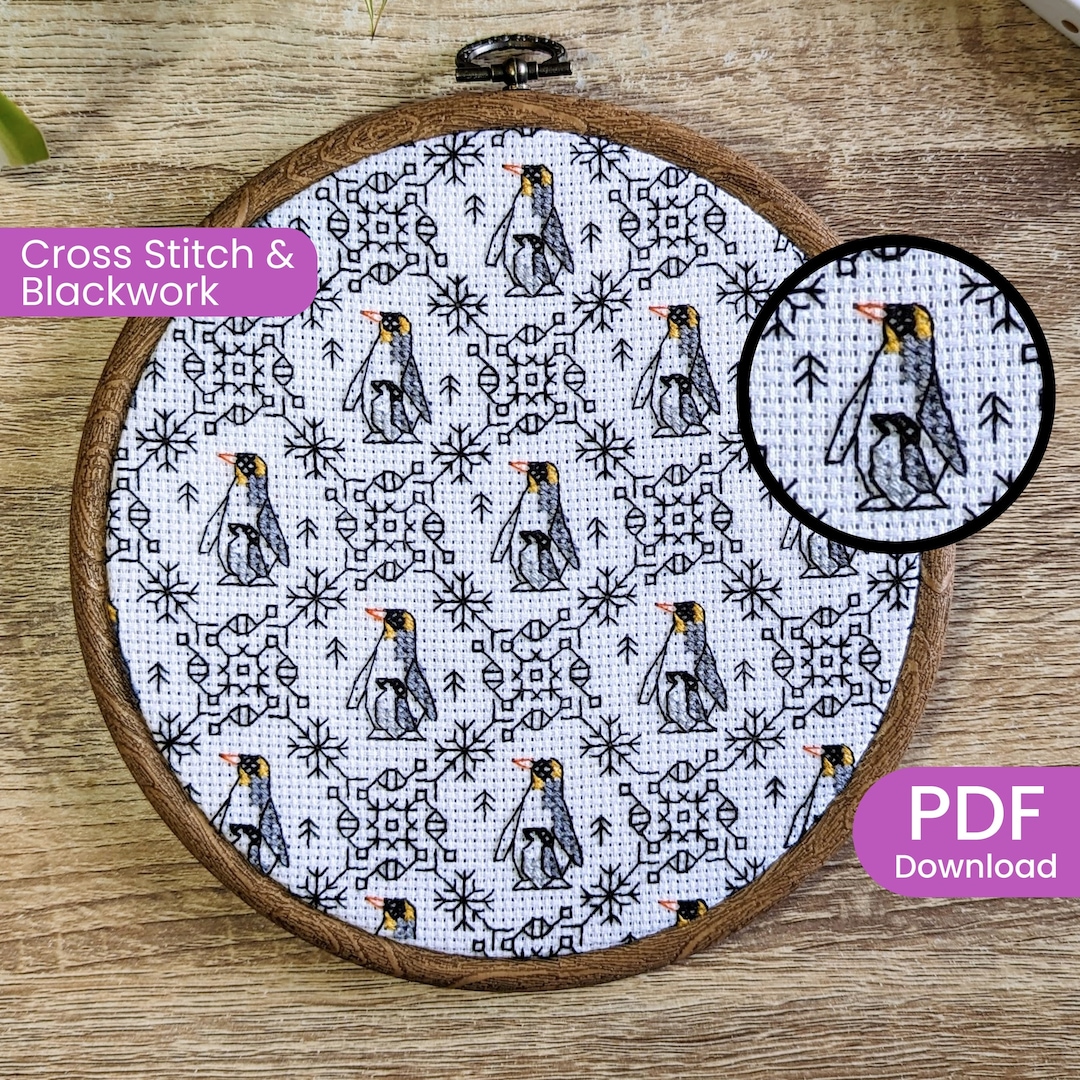 Penguin Cross Stitch and Blackwork Pattern Mother and Baby Emperor ...