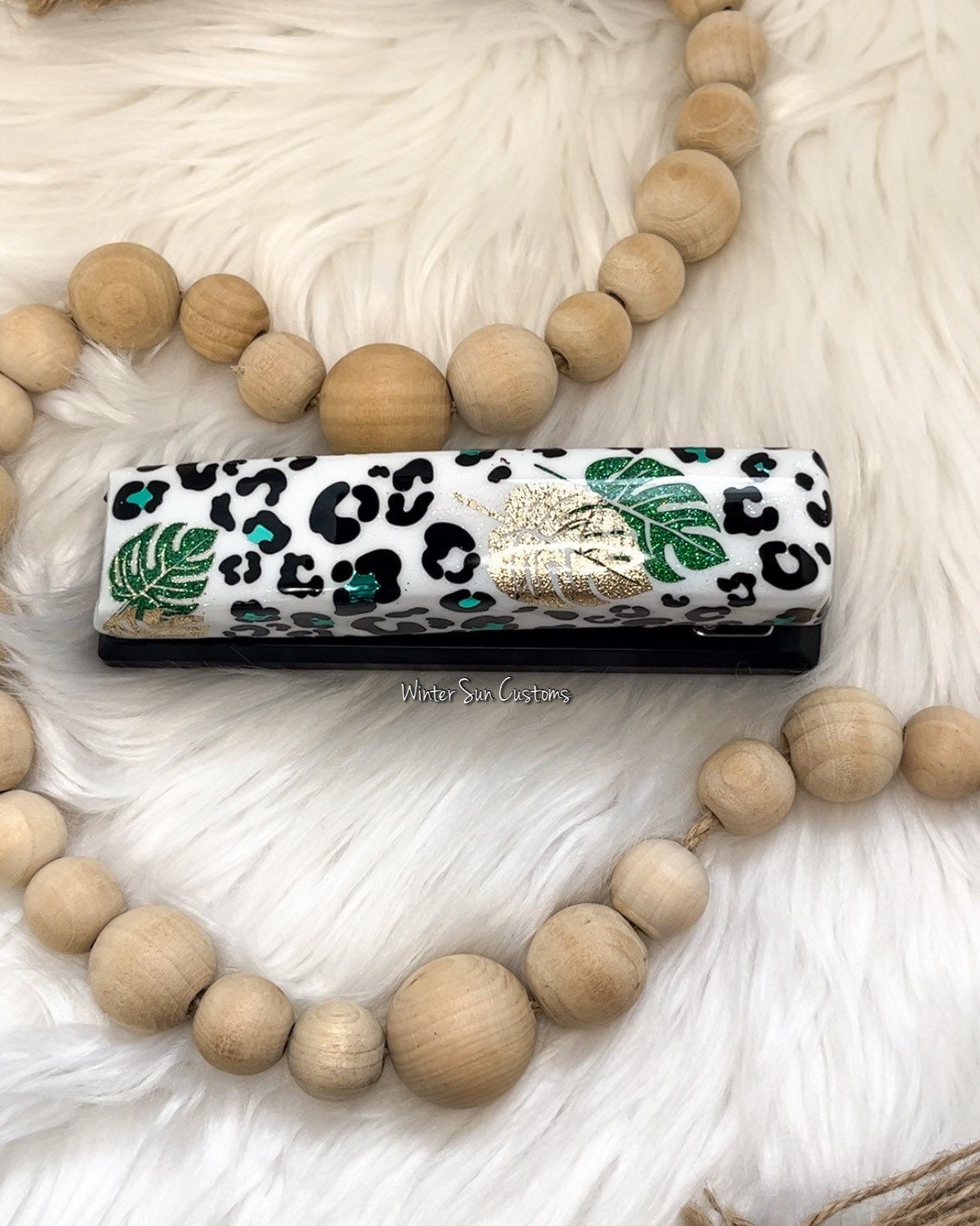 Monstera Leaf Stapler & Pen Set Epoxy Glitter Pen Cheetah Gift Set - Etsy