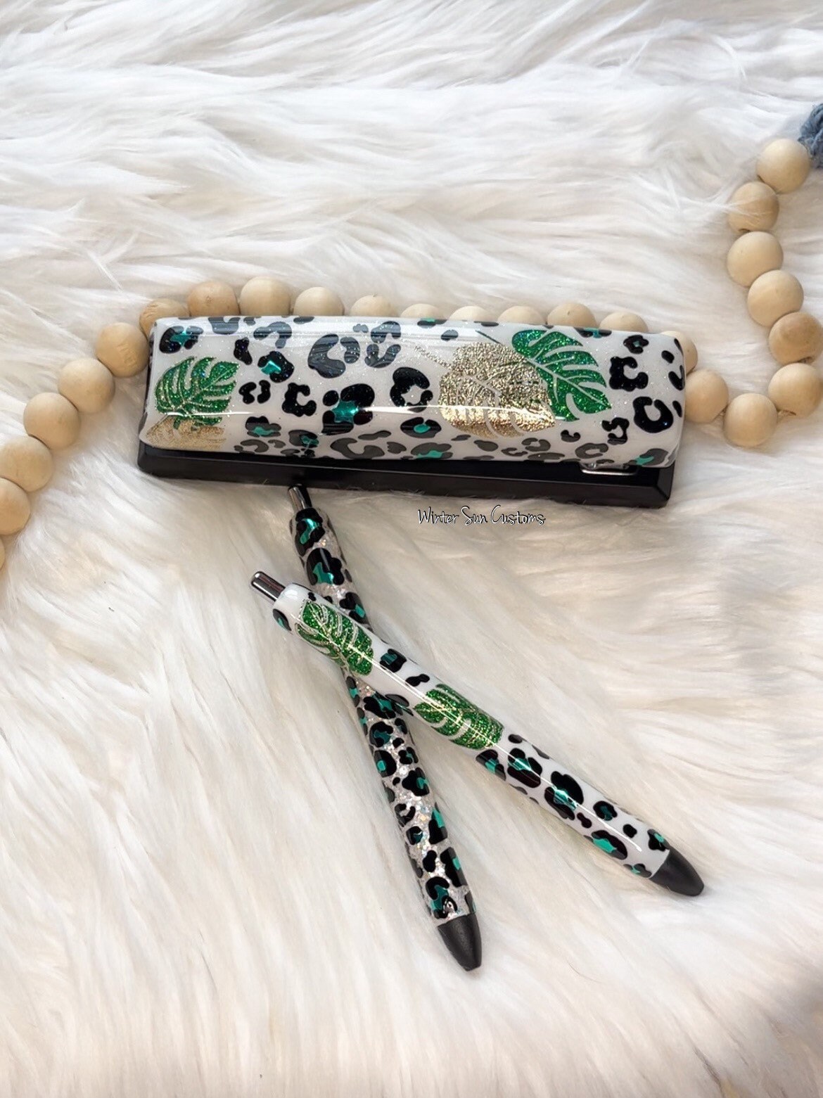 Monstera Leaf Stapler & Pen Set Epoxy Glitter Pen Cheetah Gift Set - Etsy