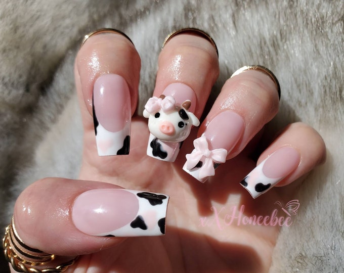 Cow Nails I Pink Cow Nails I Short Nails I Long Nails I Cow - Etsy