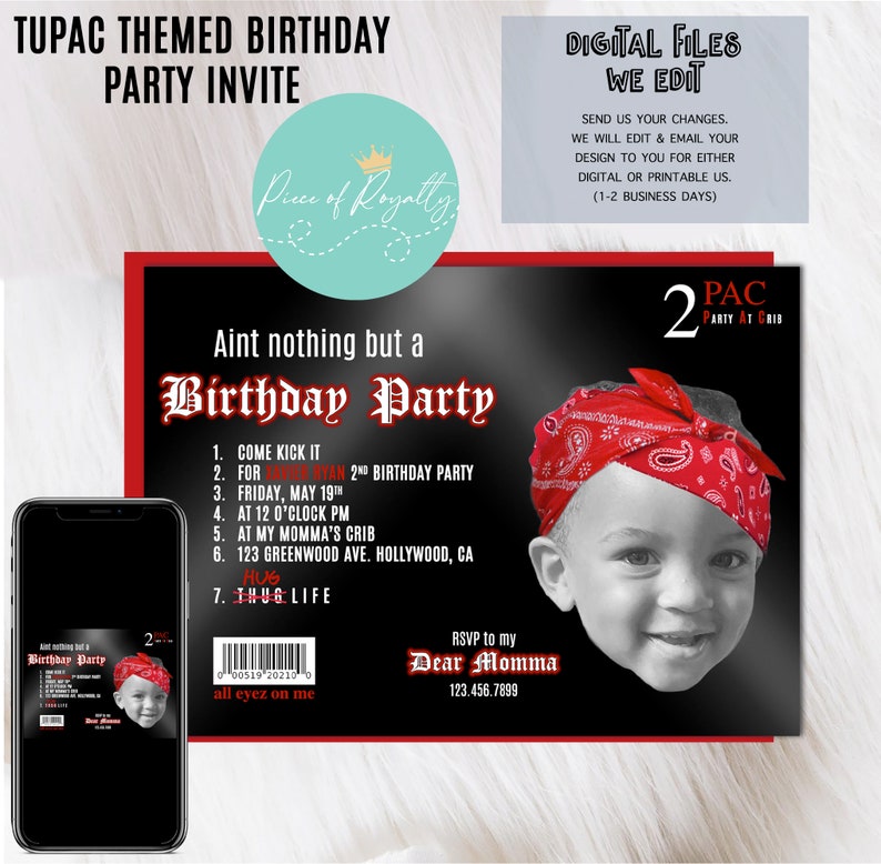 TUPAC Theme Album Cover Birthday Invites 90s Hip Hop Party | Etsy