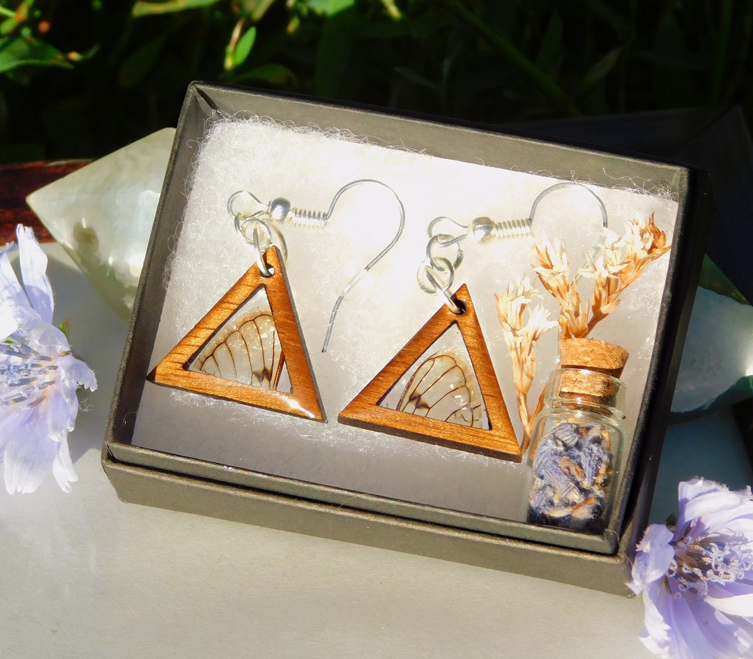 Dainty Triangular Cicada Wing Wooden Walnut Earrings, Fairy Earrings ...