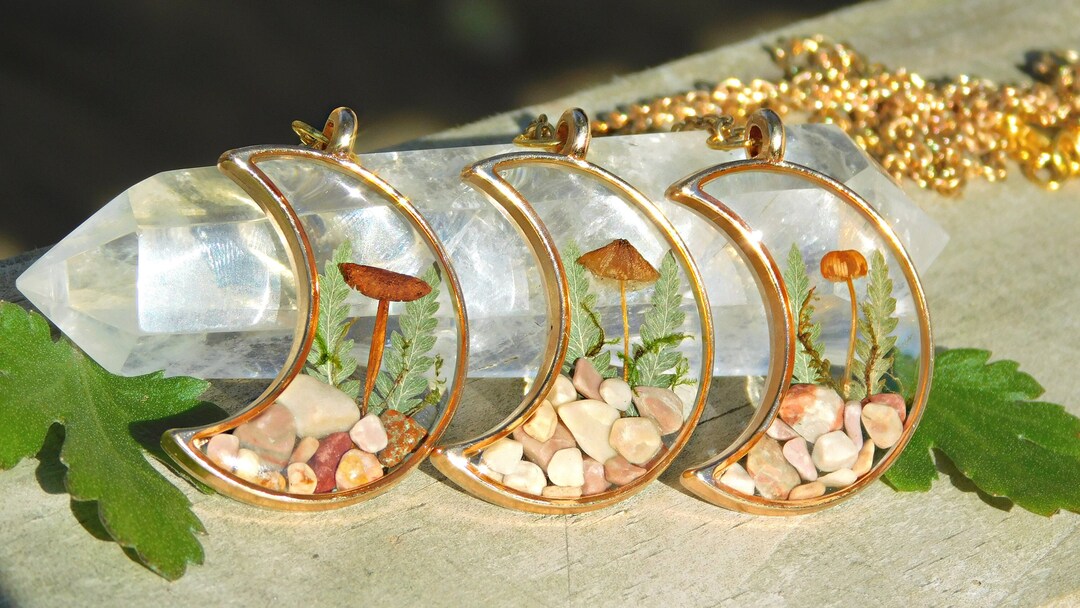 Gold Moon Mushroom Terrarium Necklace, Botanical Fairy Jewelry With ...