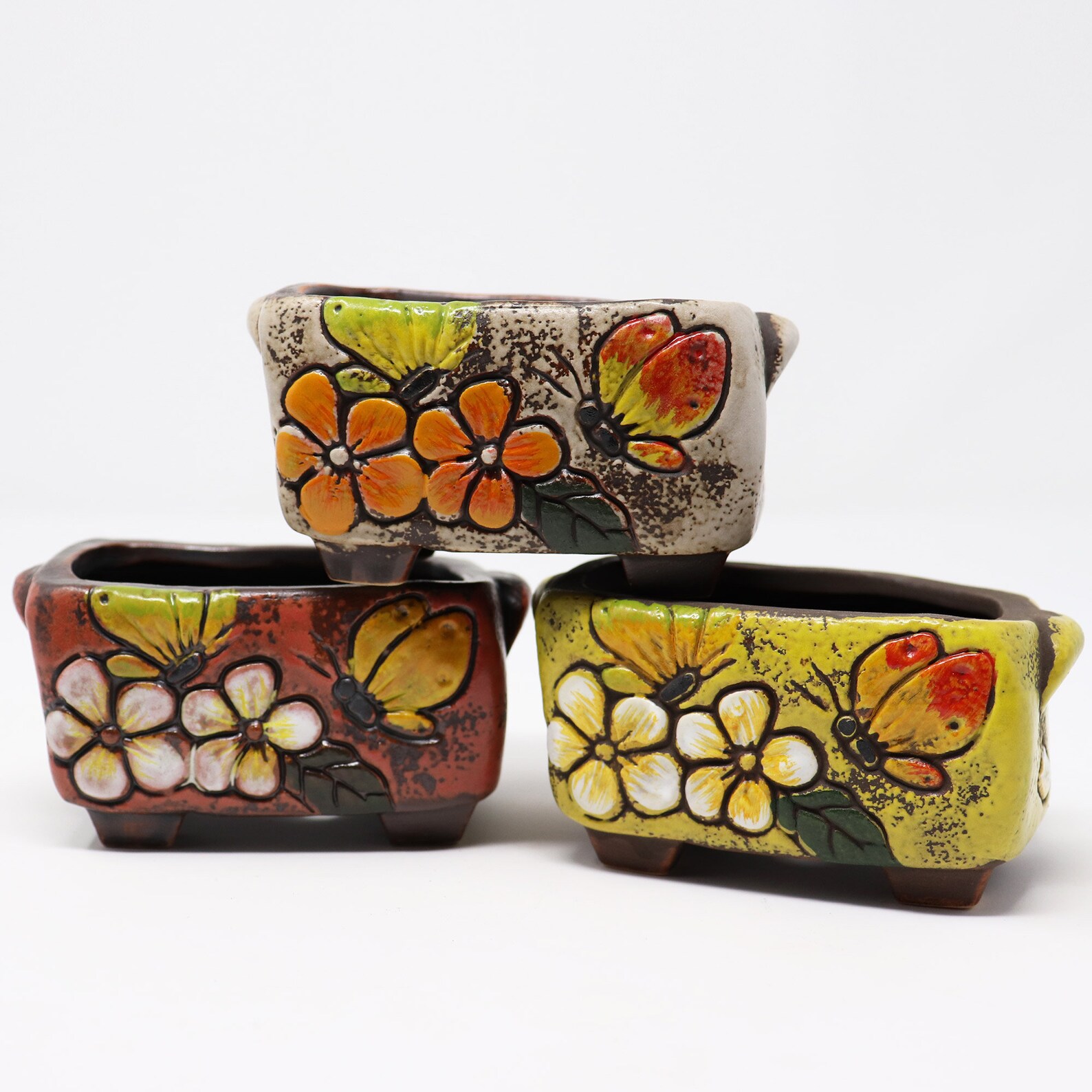 Set of 3 Mini Flower Pots / Flower & Butterfly Ceramic - Etsy
