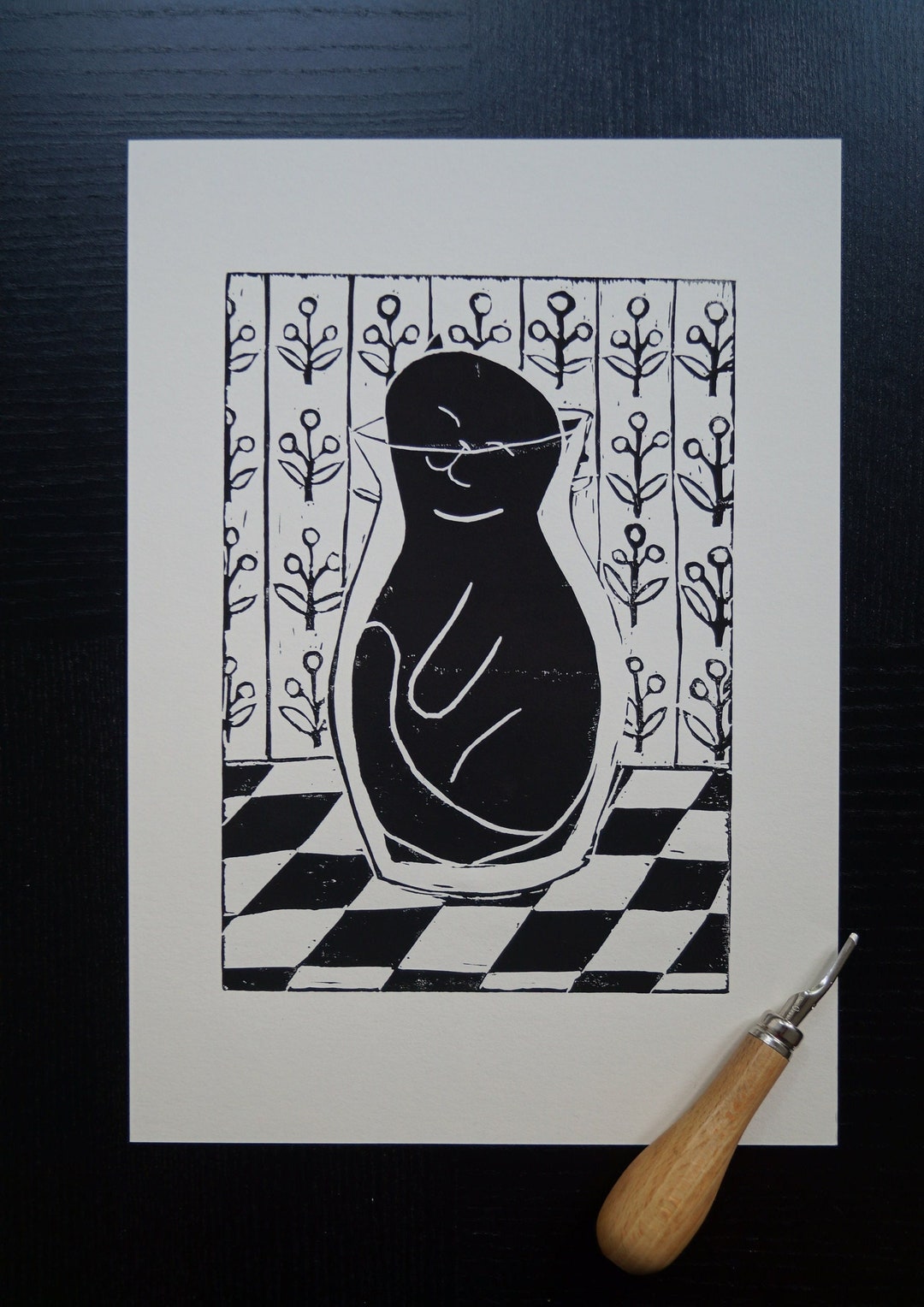 Linocut cat in Vase, Linocut in A4 Format - Etsy