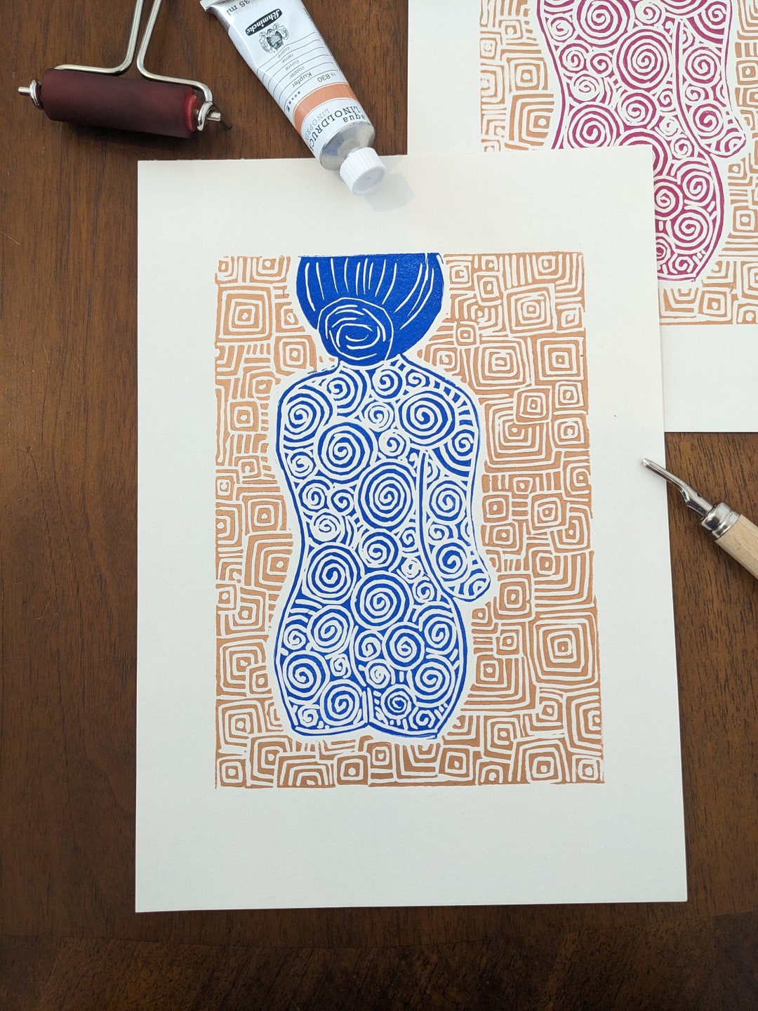 Linocut Woman in Blue and Pink A4 Format, With Copper Colored Geometric ...