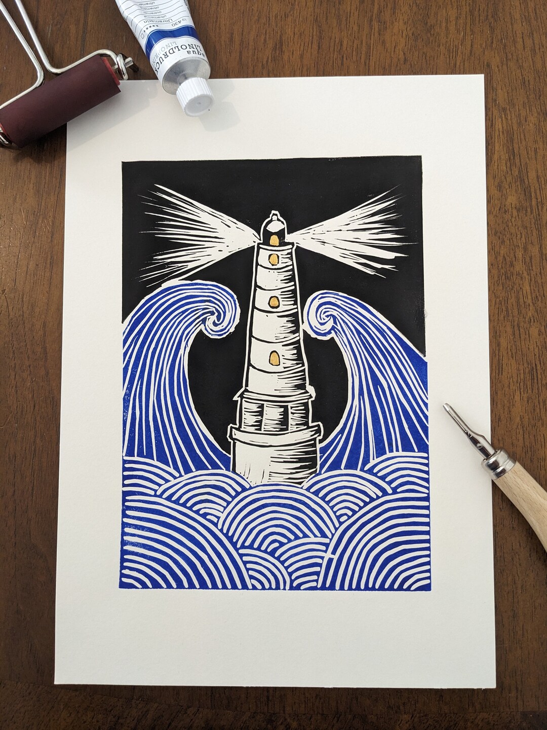 Linocut Lighthouse, Print in Black and White, Seascape, Art, Decoration ...