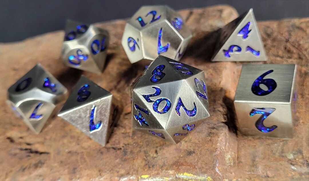 Silver W/blue Mica Metal Dnd Dice Set Dnd Dice Set Dungeons and Dragons ...