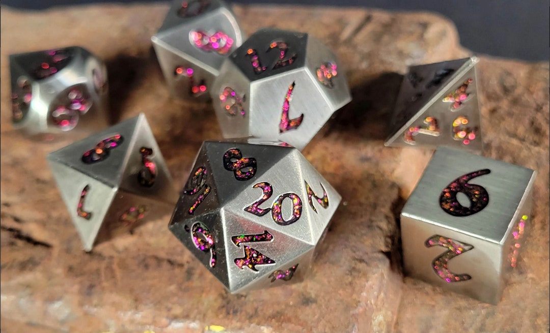 Silver W/red Mica Metal Dnd Dice Set Dnd Dice Set Dungeons - Etsy