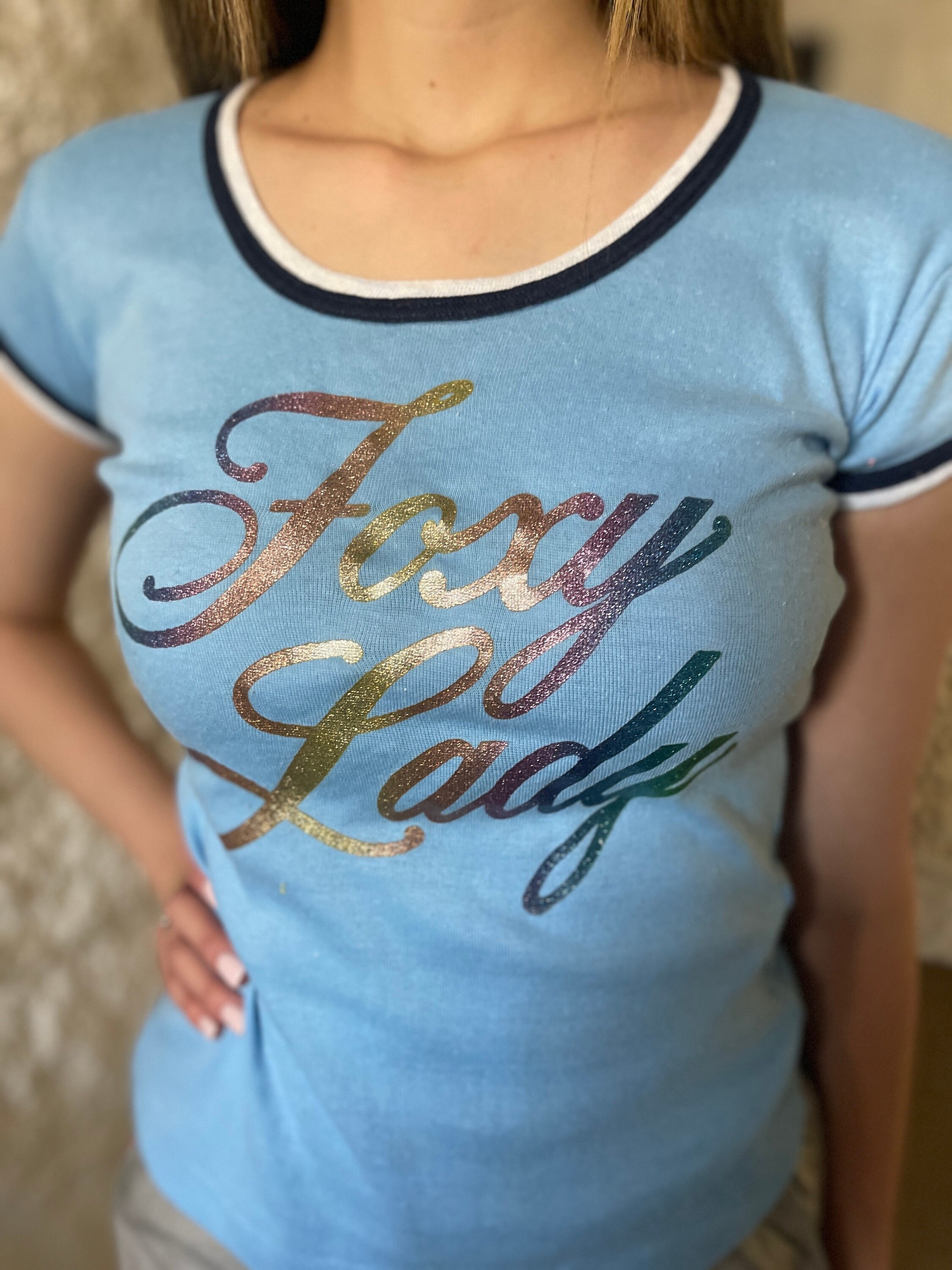 Vintage 1970s FOXY LADY Glitter Single Stitch Tee Tshirt Cap Sleeve ...
