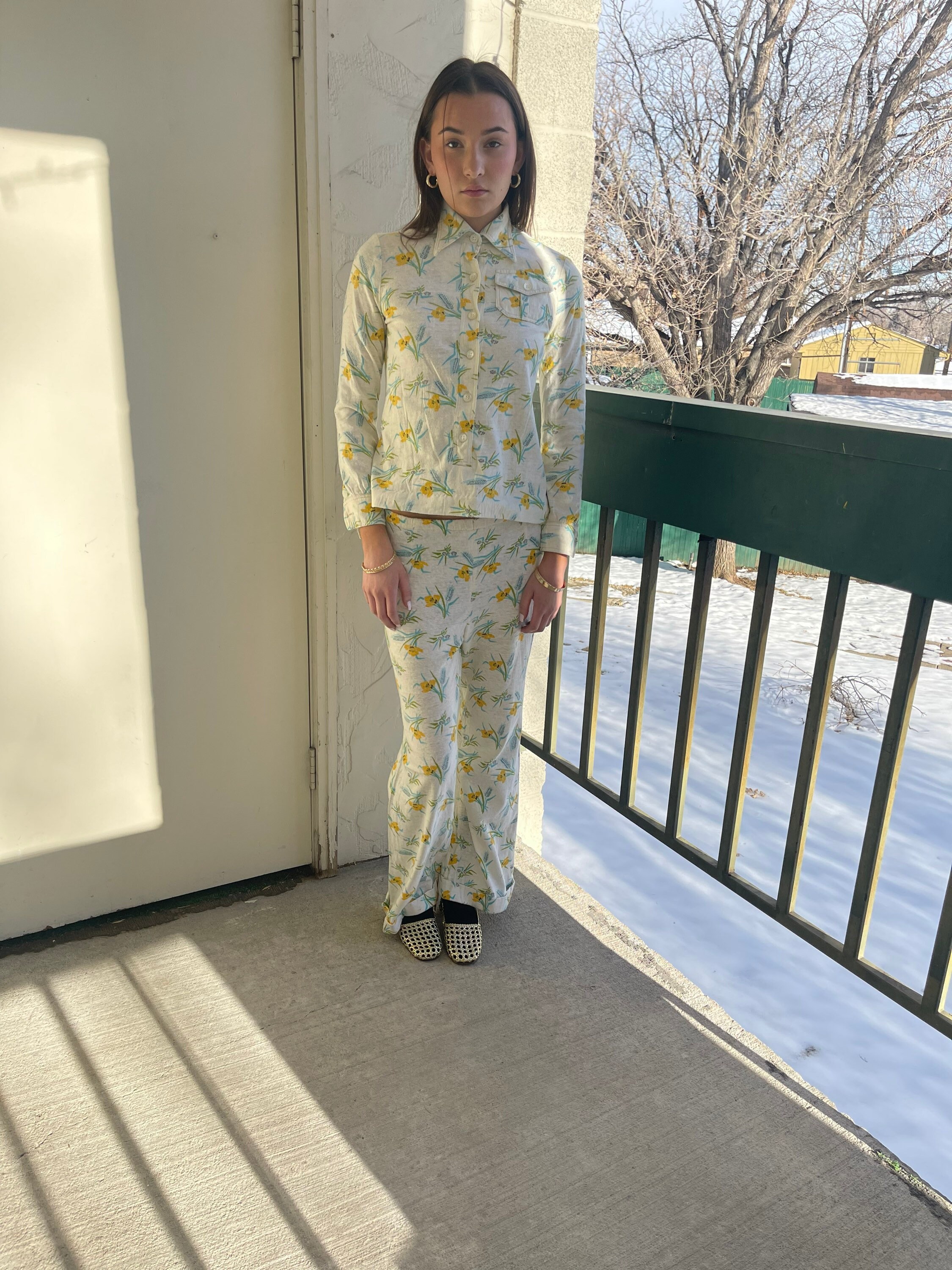 Vintage 1970s Bell Bottom Dagger Collar Flannel Pajamas Set Lounge Wear ...