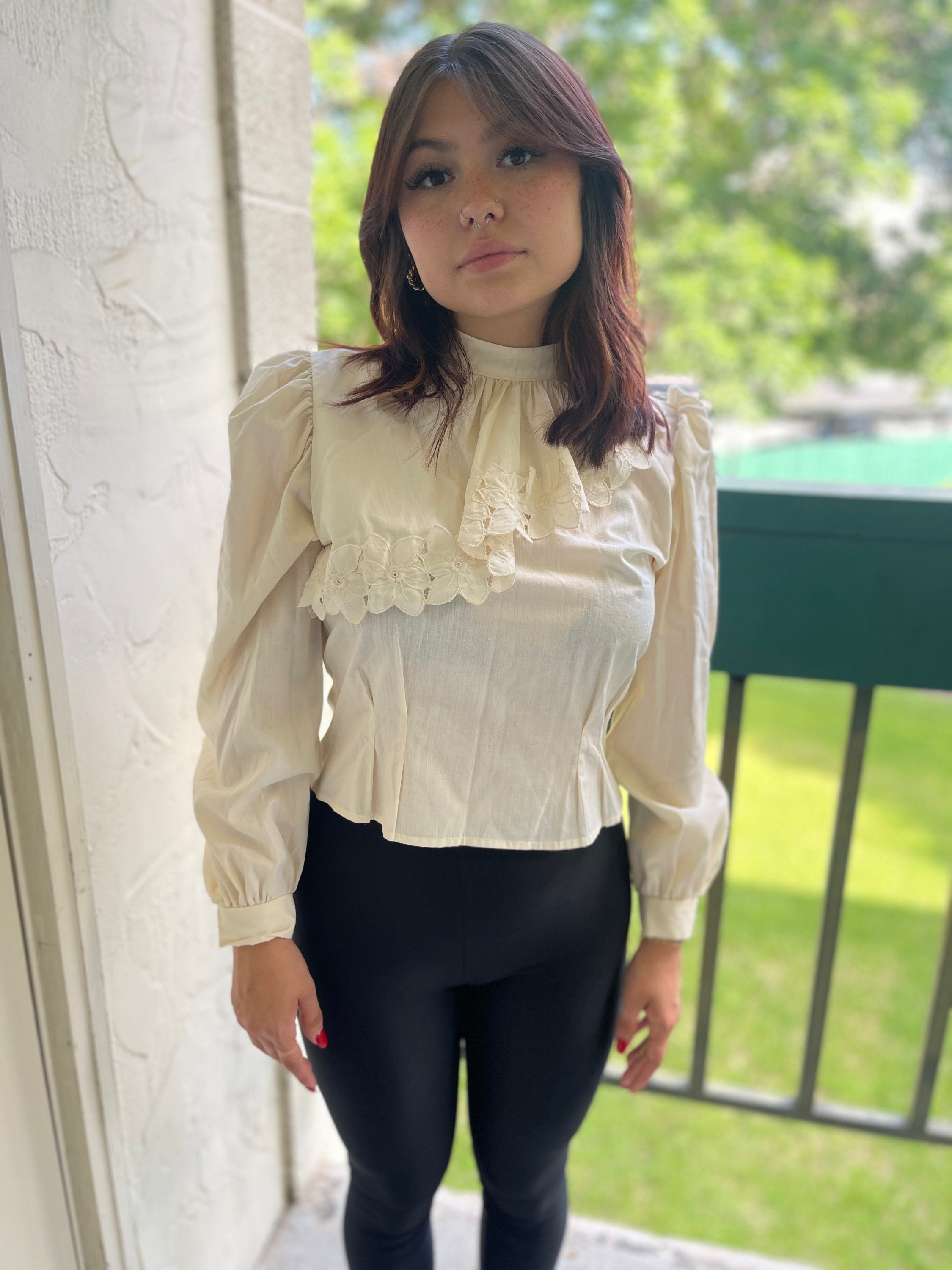 Vintage 1970s Ruffle Asymmetrical Button up Back Creme Cropped Blouse ...