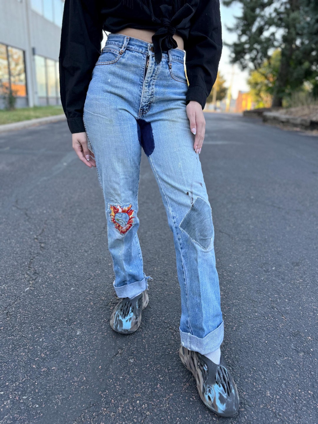 Vintage 1970s Customized Thrashed Jeans Patches Embroidery Super ...