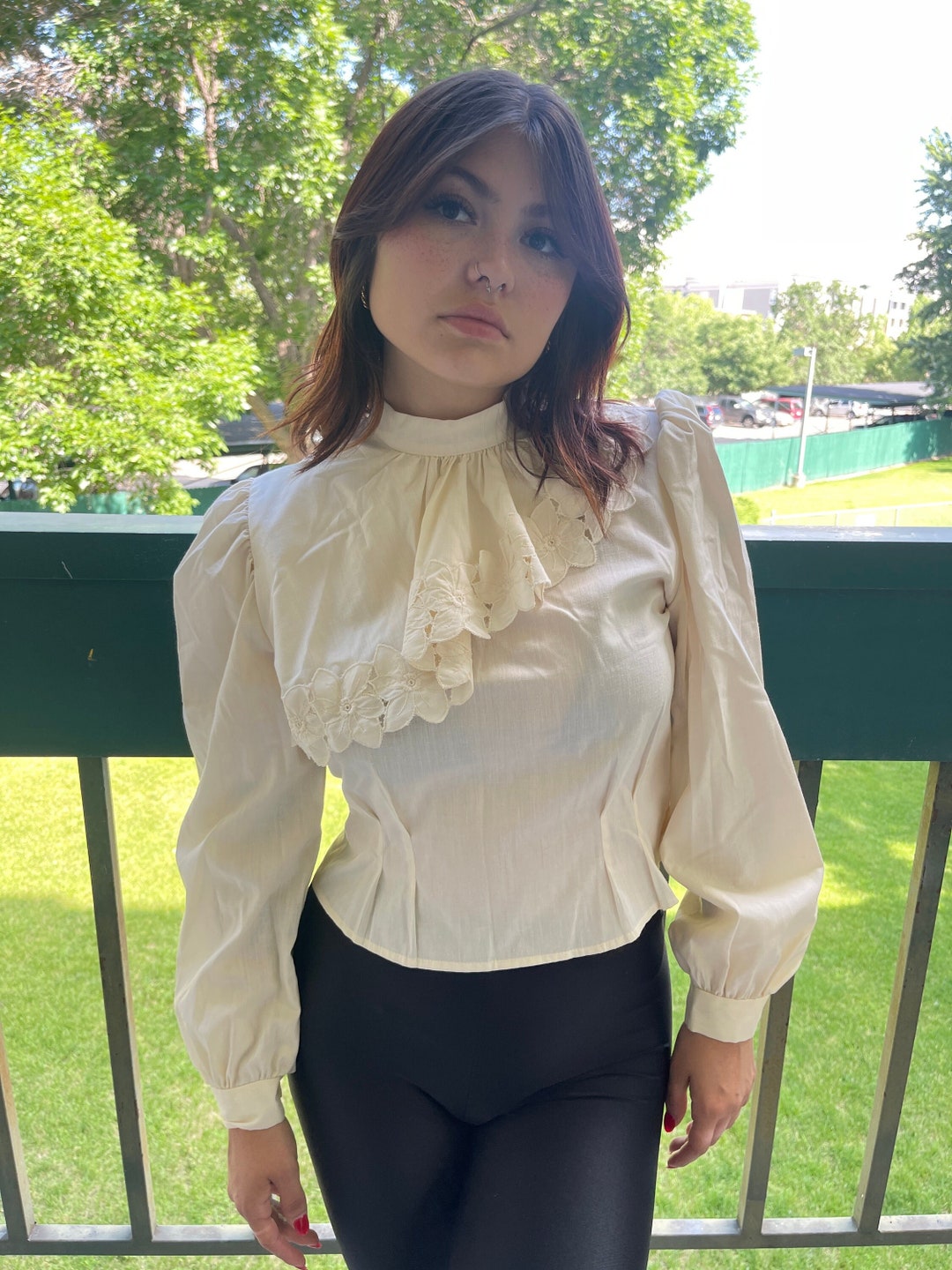 Vintage 1970s Ruffle Asymmetrical Button up Back Creme Cropped Blouse ...