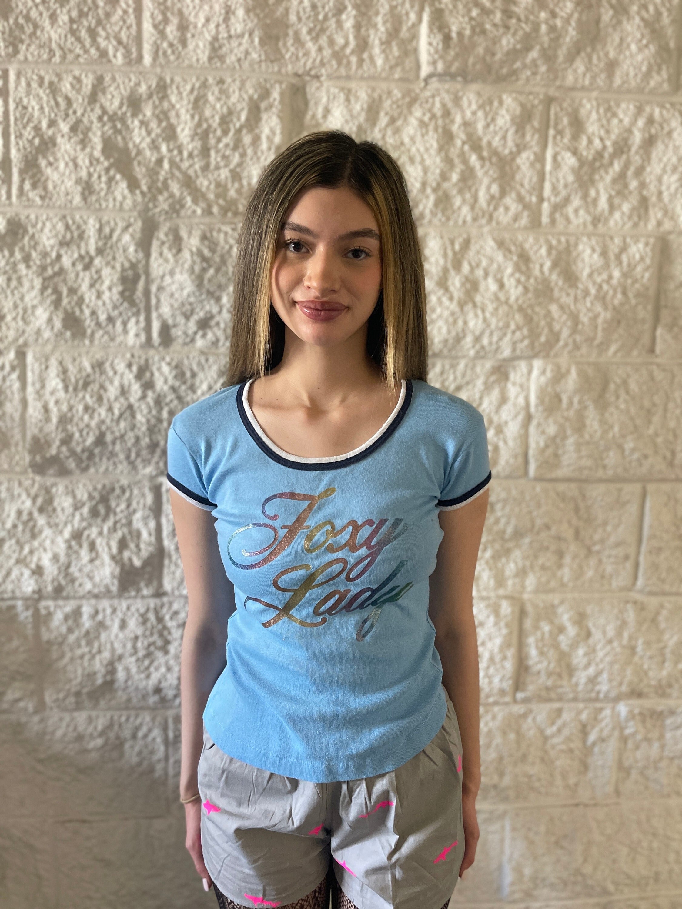 Vintage 1970s FOXY LADY Glitter Single Stitch Tee Tshirt Cap Sleeve ...
