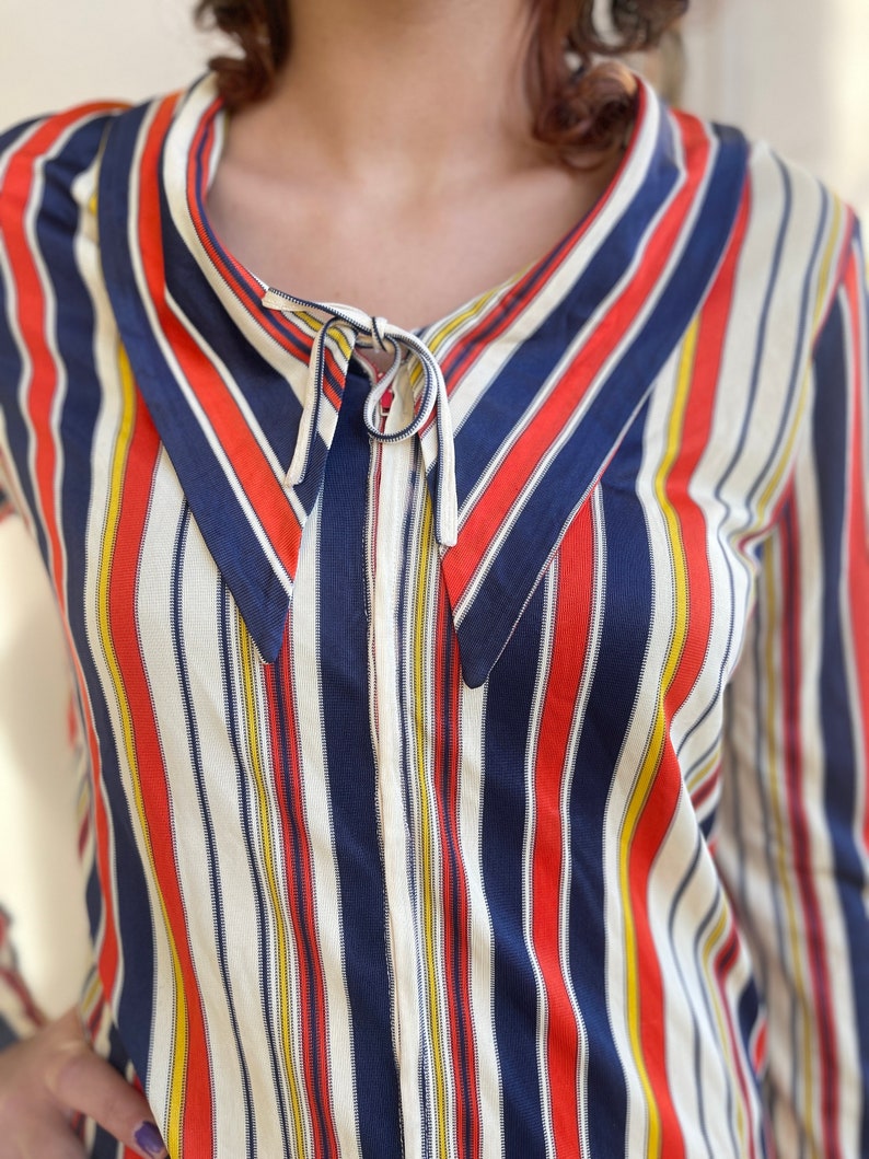 Vintage 1960s Dagger Collar Huge Striped Disco Glam Shirt Blouse Tunic ...