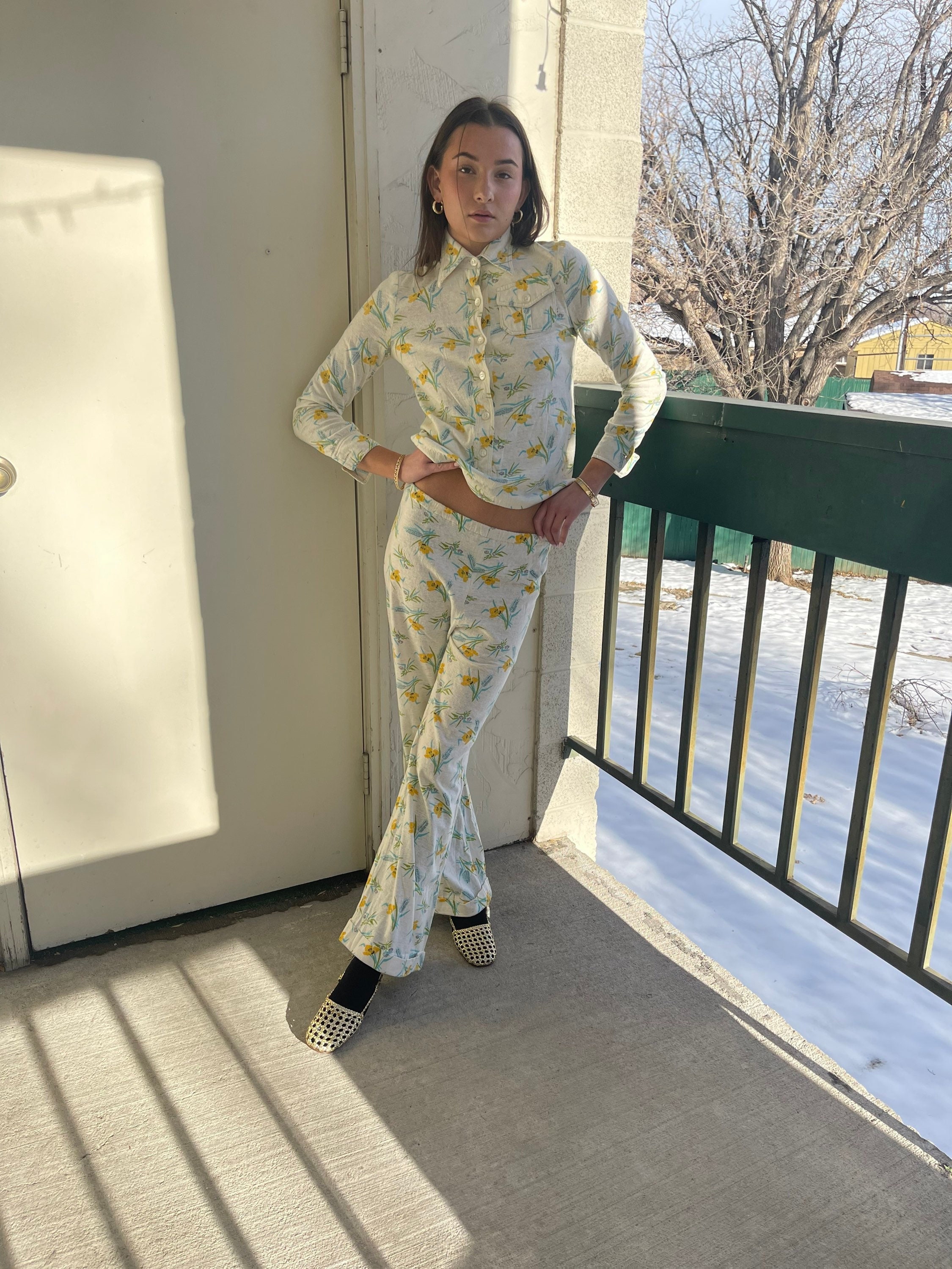 Vintage 1970s Bell Bottom Dagger Collar Flannel Pajamas Set Lounge Wear ...