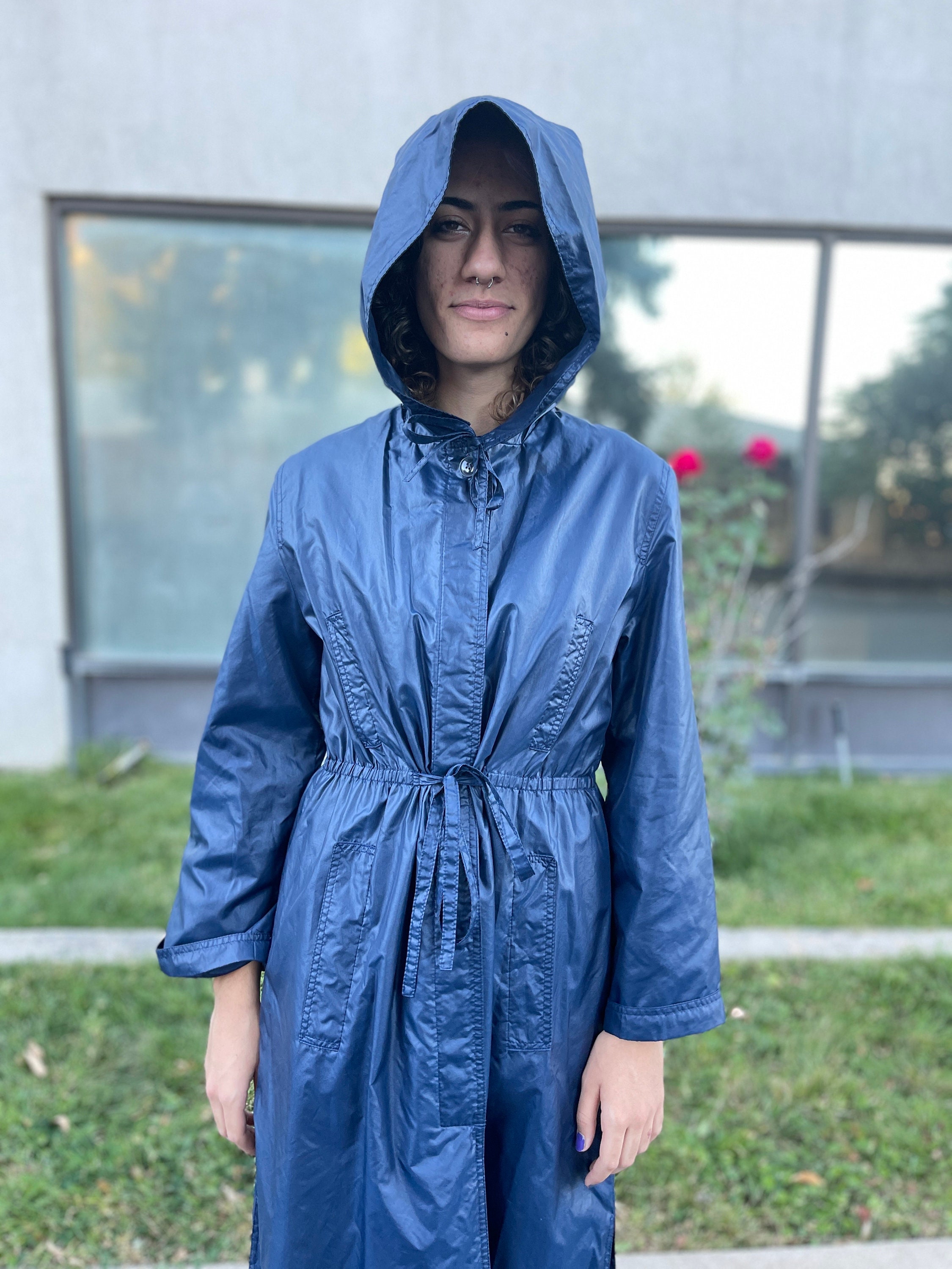 Vintage 1970s Navy Blue Windbreaker Trench Nylon Raincoat Jacket Car ...