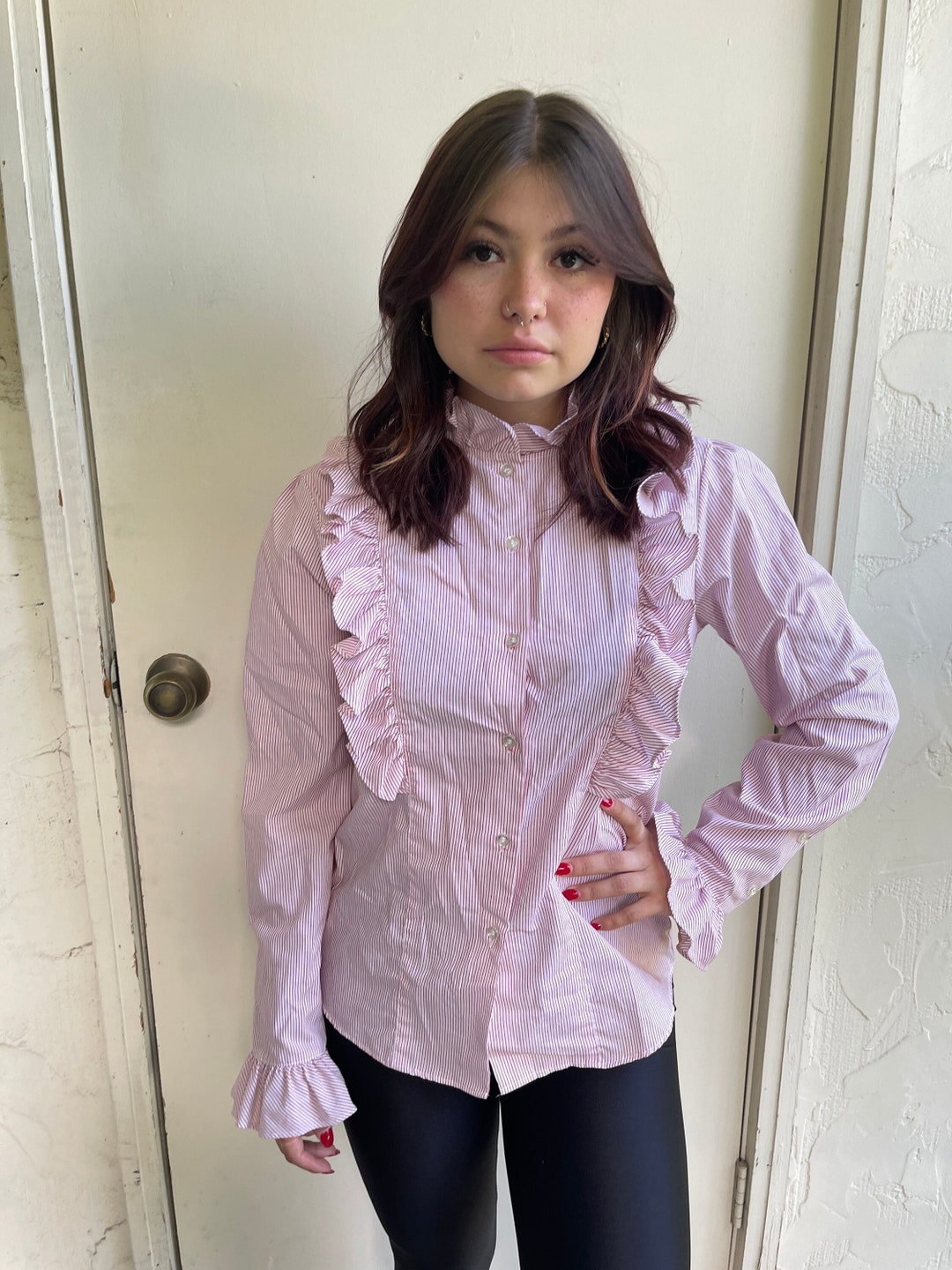 Vintage 1970s Striped Beautiful Huge Puff Sleeve High Neck Ruffled ...