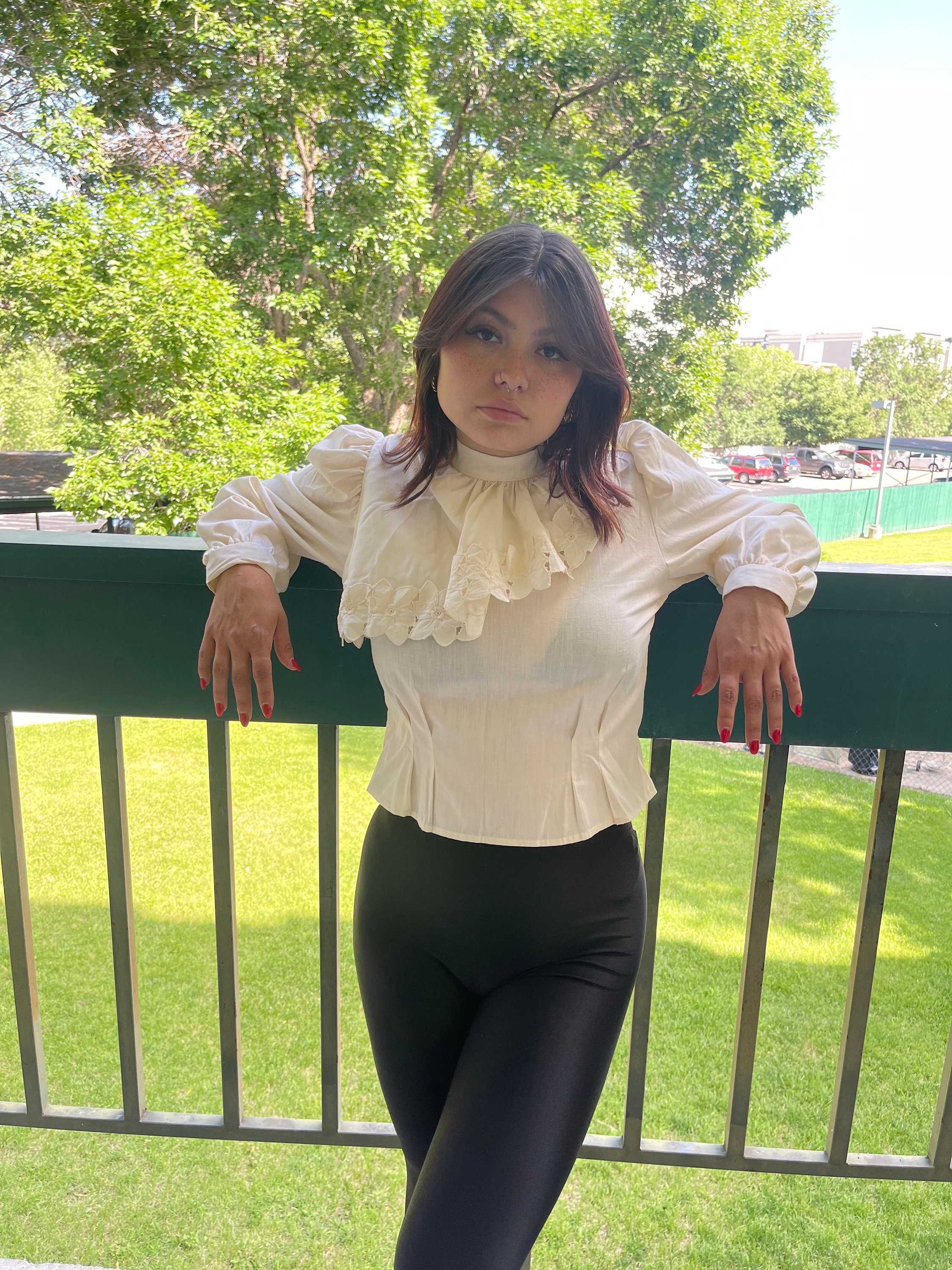 Vintage 1970s Ruffle Asymmetrical Button up Back Creme Cropped Blouse ...