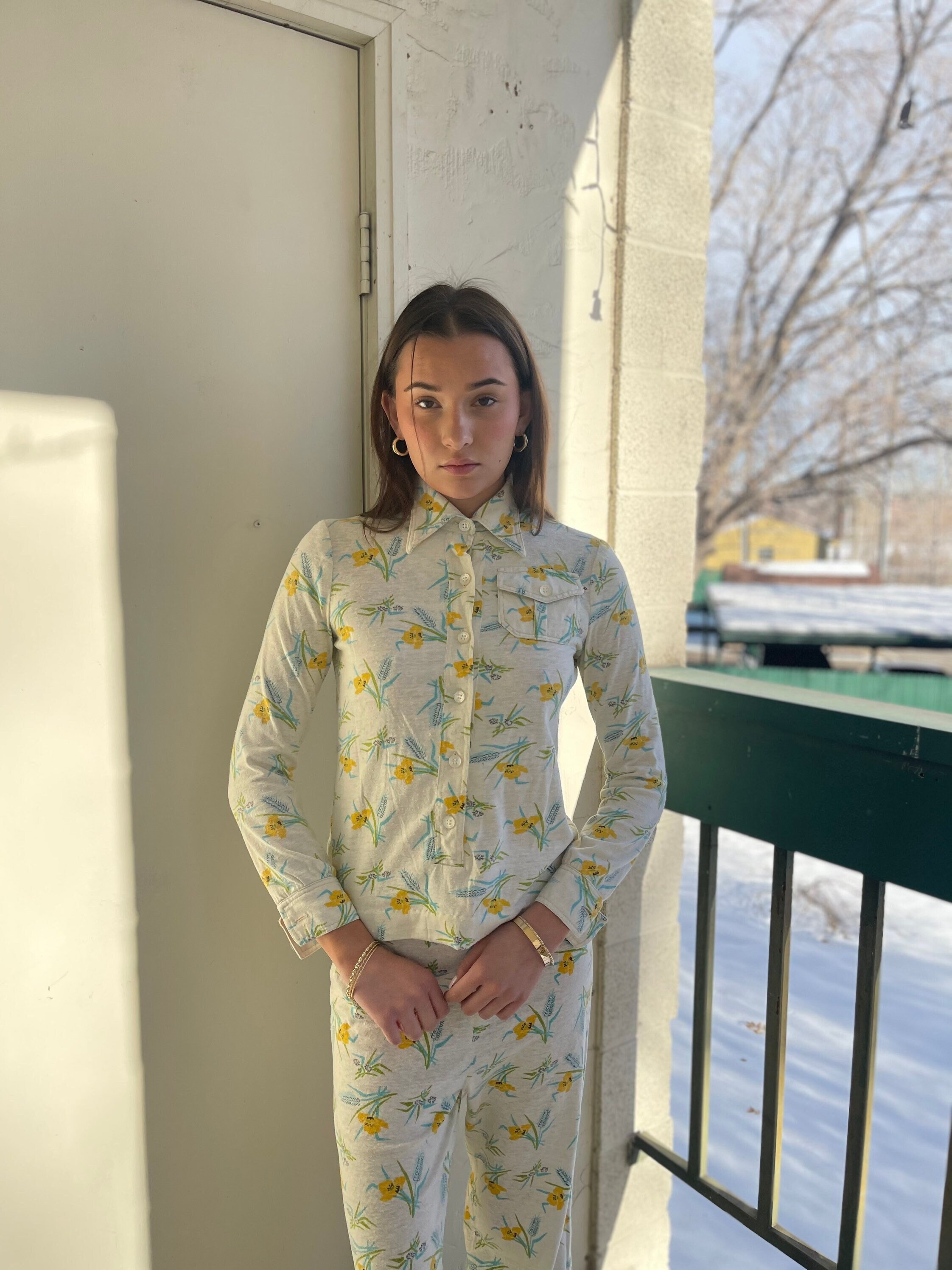 Vintage 1970s Bell Bottom Dagger Collar Flannel Pajamas Set Lounge Wear ...