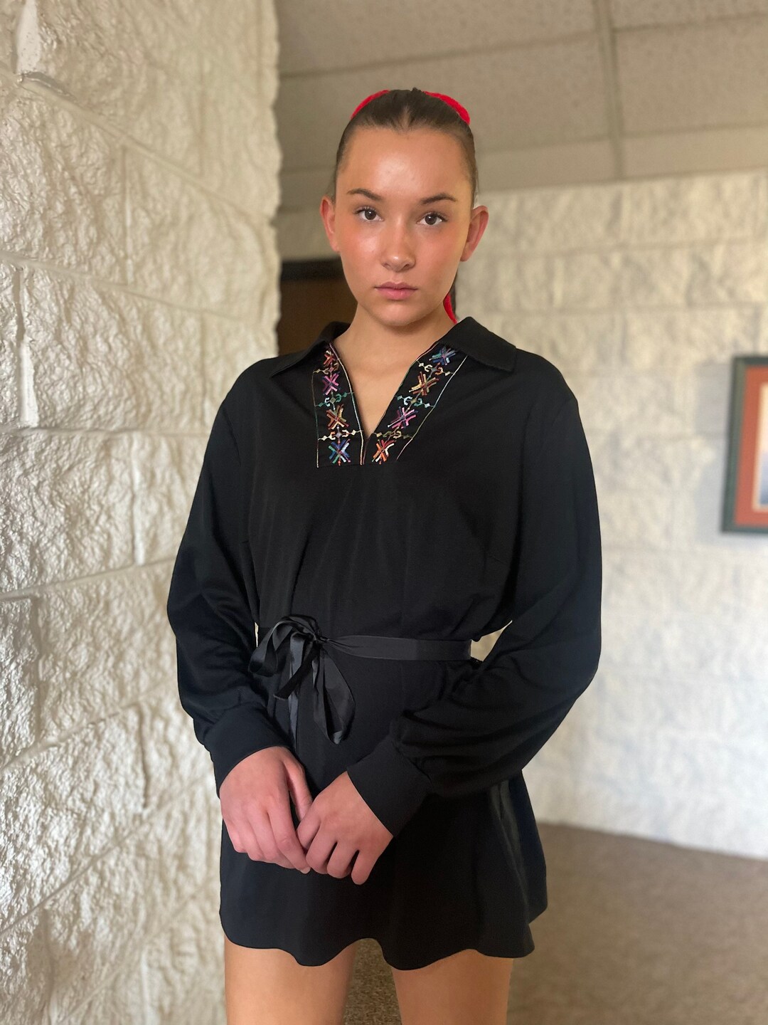 Vintage 1970s Mini Dress Embroidered Boho Colorful Thread Collar V-neck ...