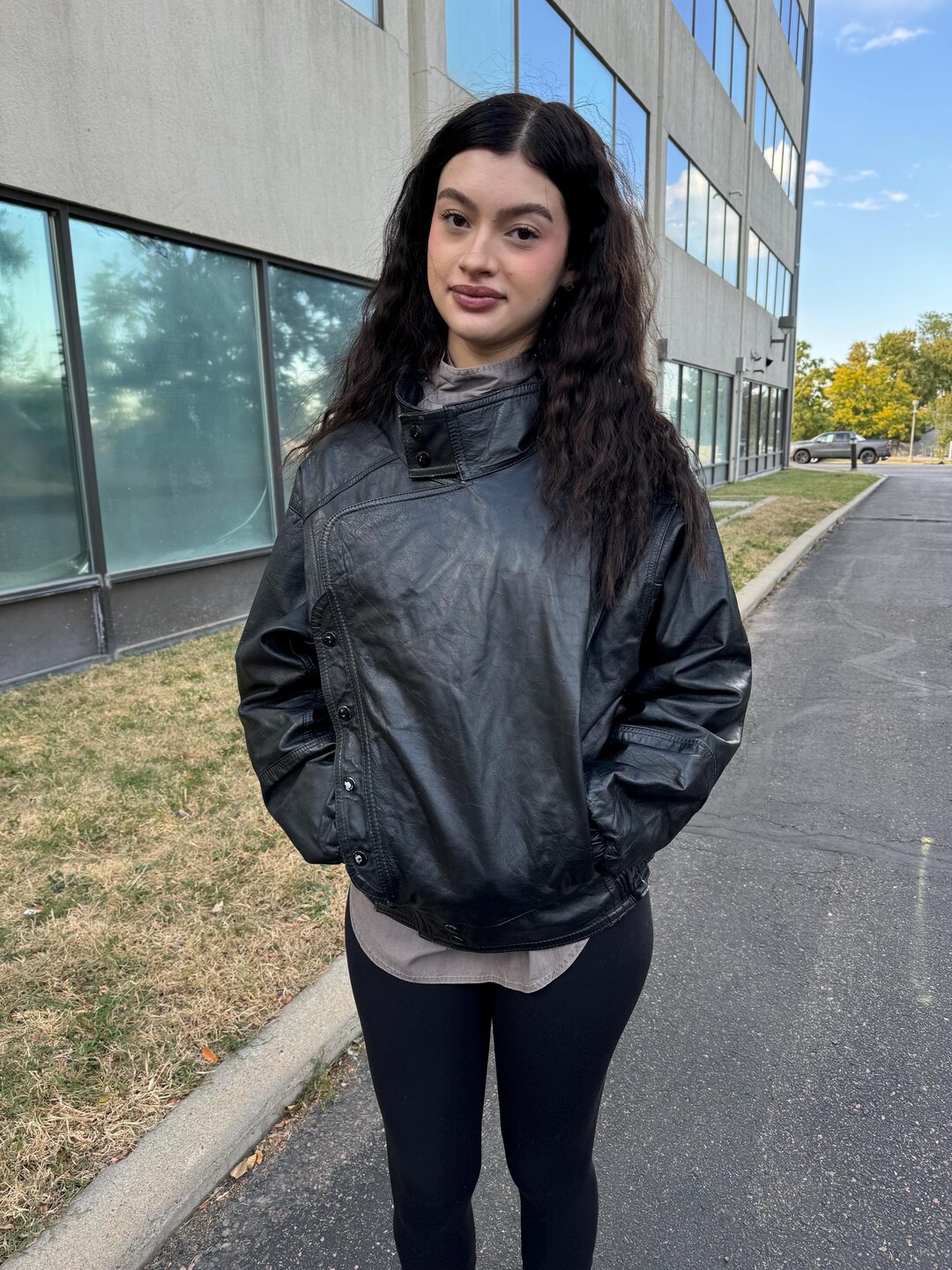 Vintage 1980s Black Leather Jacket Coolest Worn in Side Snap Funnel ...