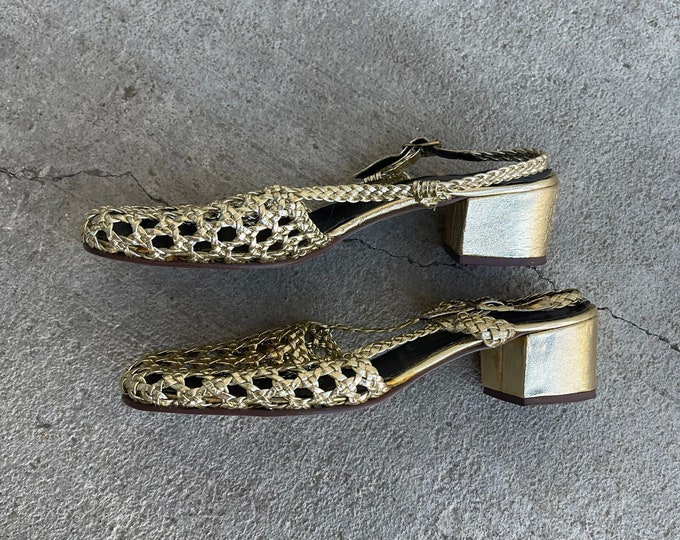 Vintage 1960s Cage Mules With Strap GOLD Block Heel Deadstock Hot Clogs ...