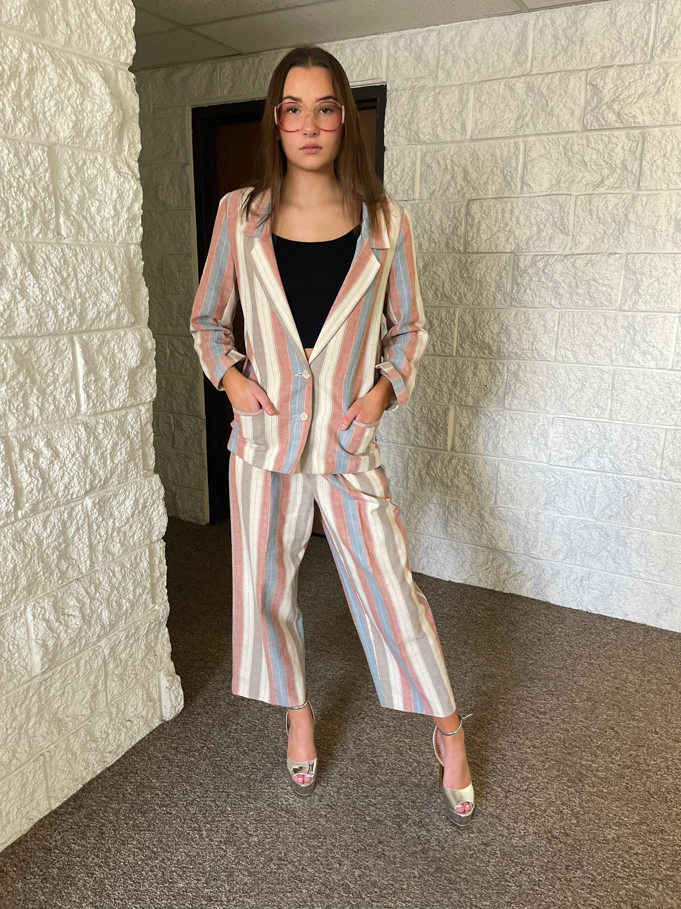 Vintage 1980s Suit Comfy Striped International Traveler Suit Cropped ...