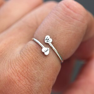 925 Silver Dainty Initial Ring,double Heart Ring,love Ring,personalized ...