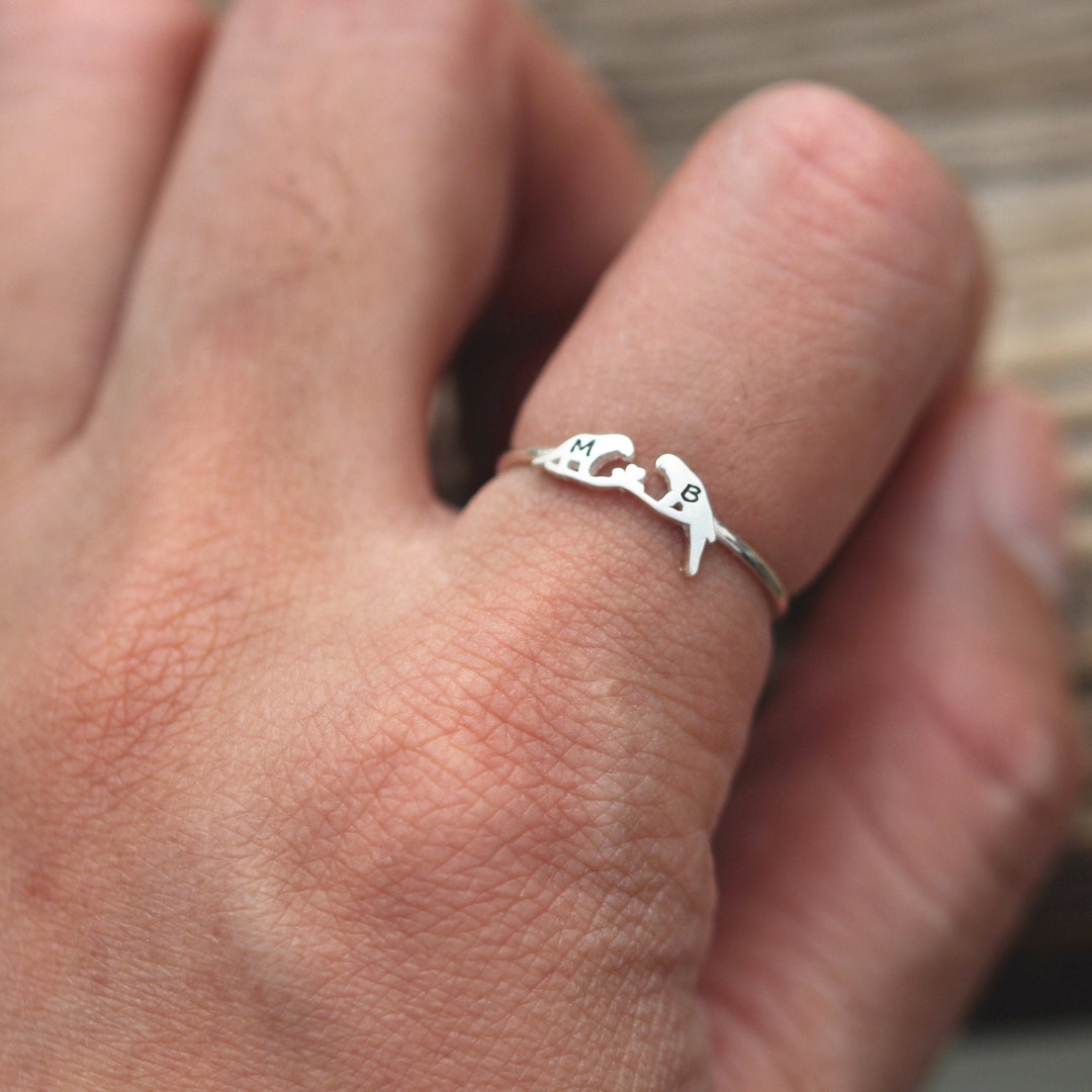 925 Silver Love Bird Ring,kiss Parrot Ring Silver,custom Initial Ring ...