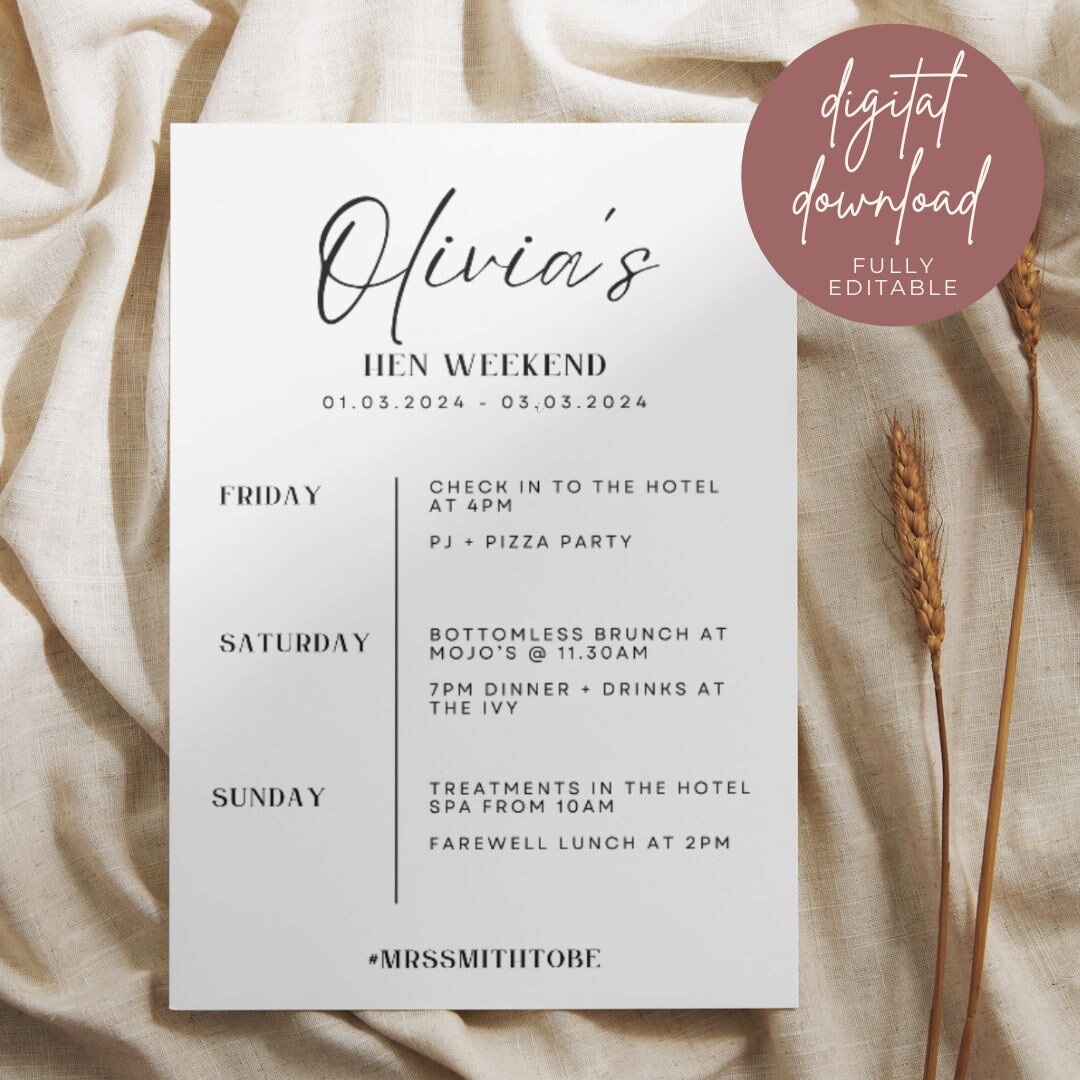 Hen Weekend Itinerary + Invite Template | Hen Weekend Itinerary ...