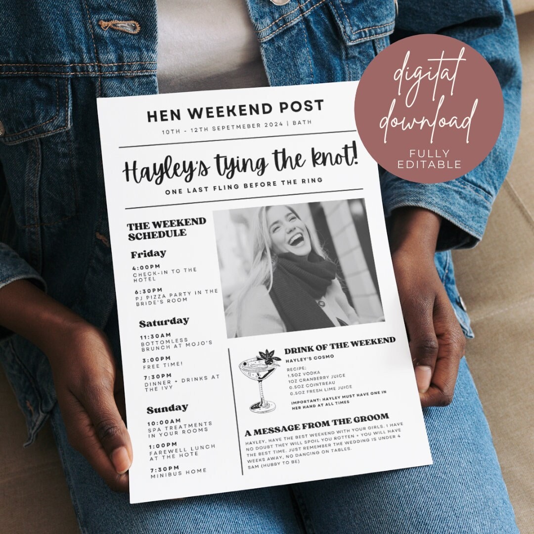 Digital Hen Weekend Newspaper Template: Customisable Itinerary (A3, 2 ...