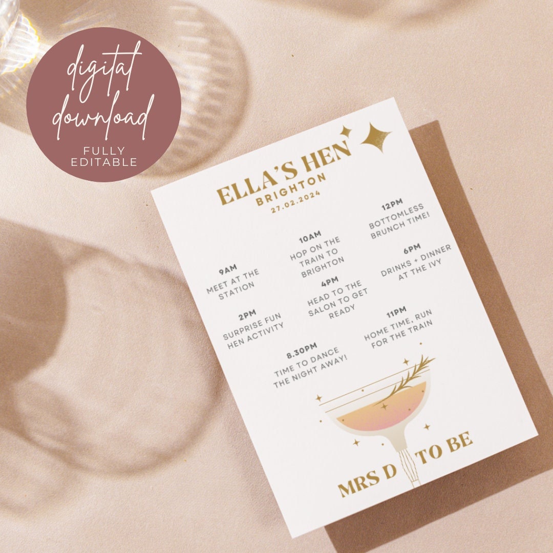 Hen Weekend Golden Itinerary Template - 2 Designs | Hen Weekend ...