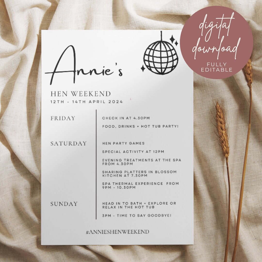 Hen Weekend Itinerary Template - Disco Theme | Hen Weekend Itinerary ...