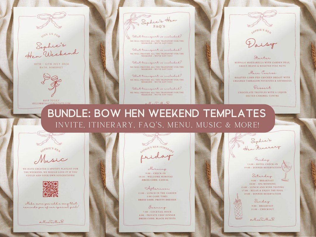 Bundle: Hen Weekend Bow Design - Invite, Itineraries, Menu, Faq's ...