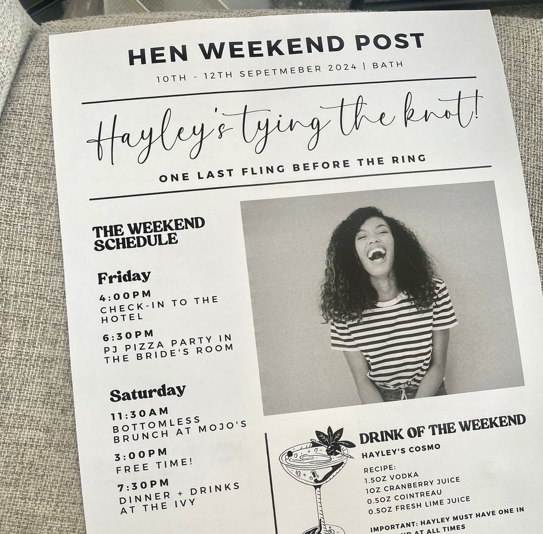 Personalised Hen Weekend Newspaper: Itinerary, Quiz, & Dress Guess ...