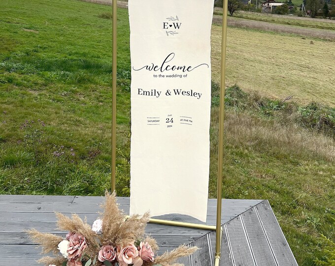 Gold Metal Stand for Welcome Sign, Personalized Linen Banner for ...