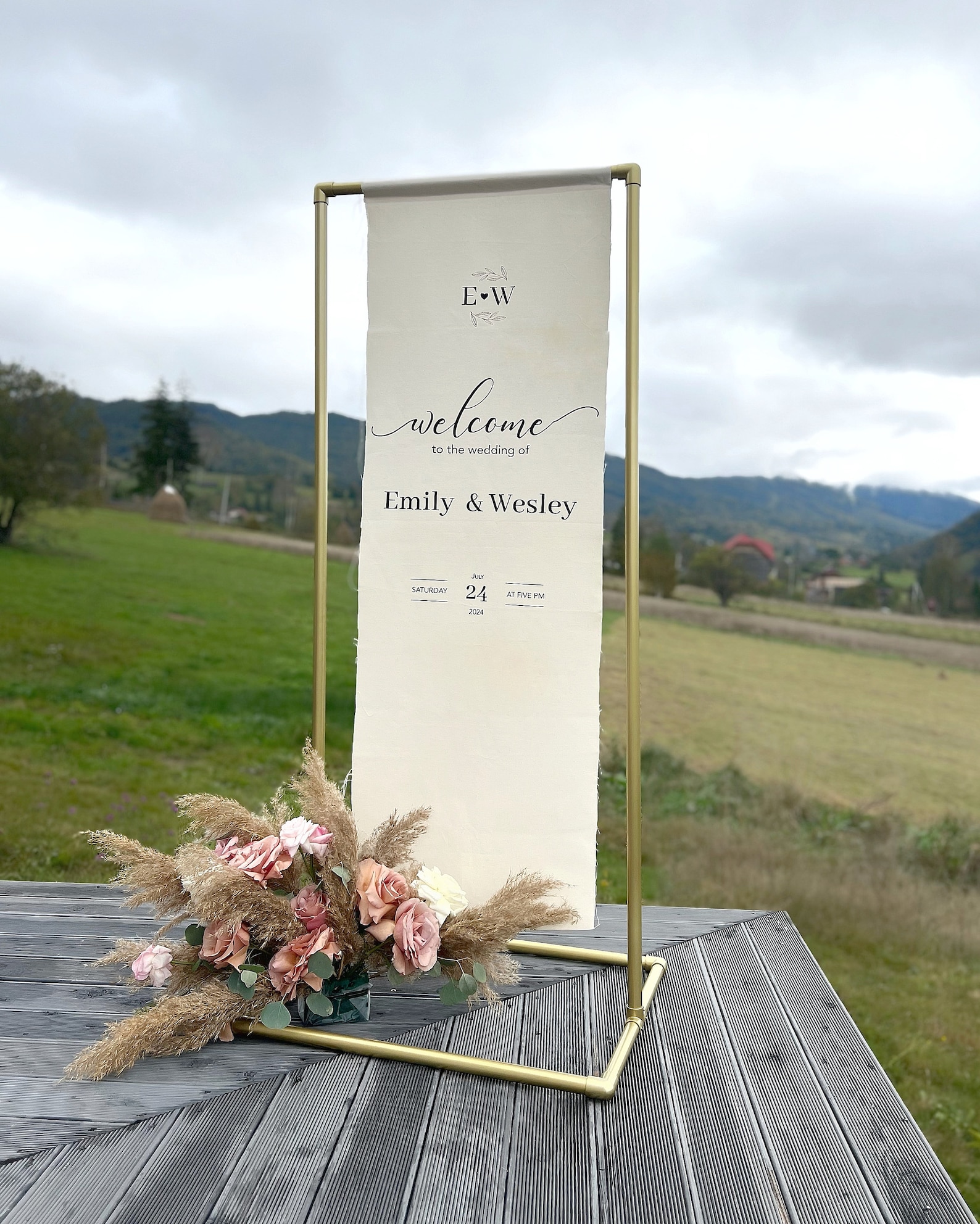 Gold Metal Stand for Welcome Sign, Personalized Linen Banner for ...