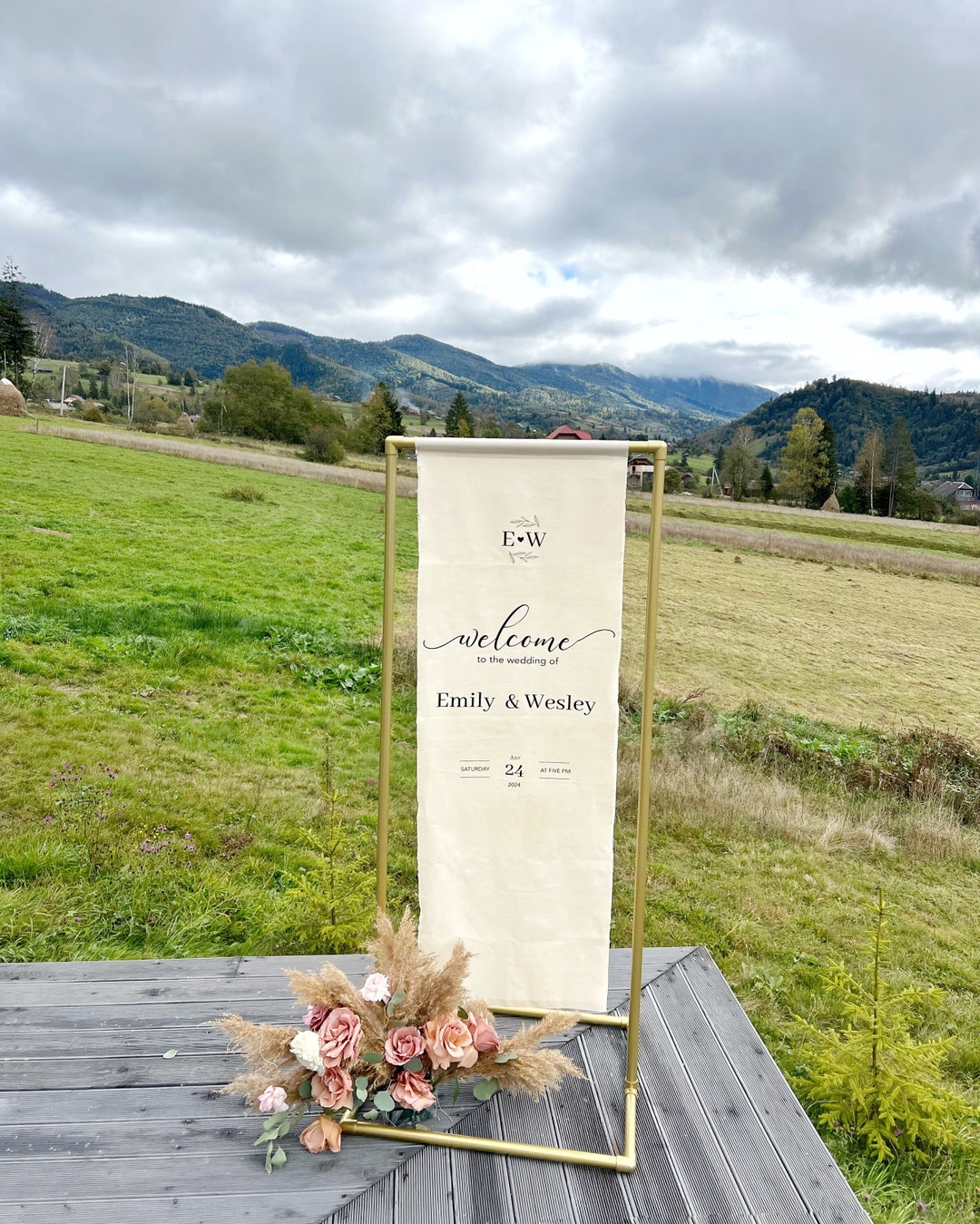 Wedding Fabric Welcome Sign With Stand, Gold Stand for Wedding, Boho ...