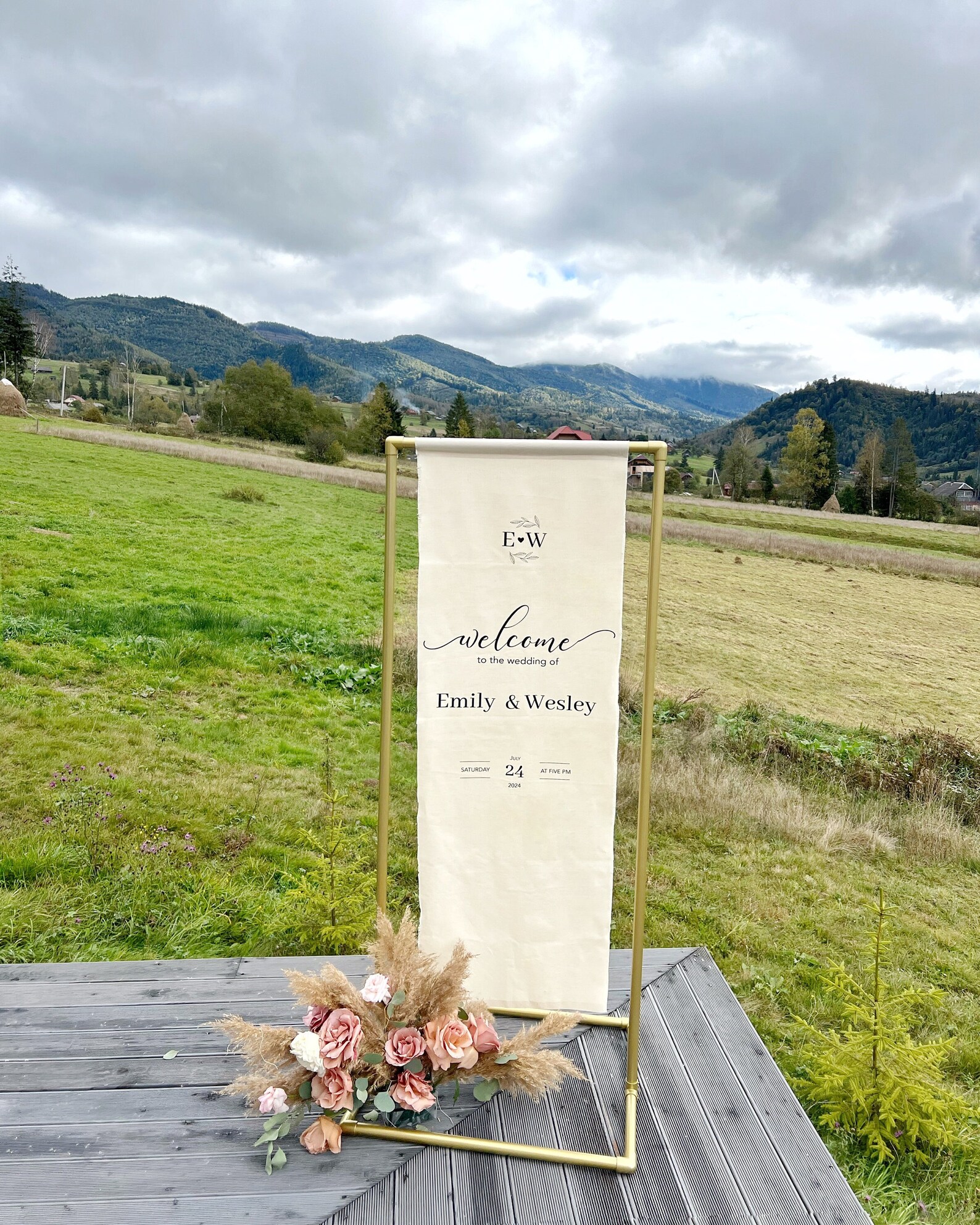 Gold Metal Stand for Welcome Sign, Personalized Linen Banner for ...