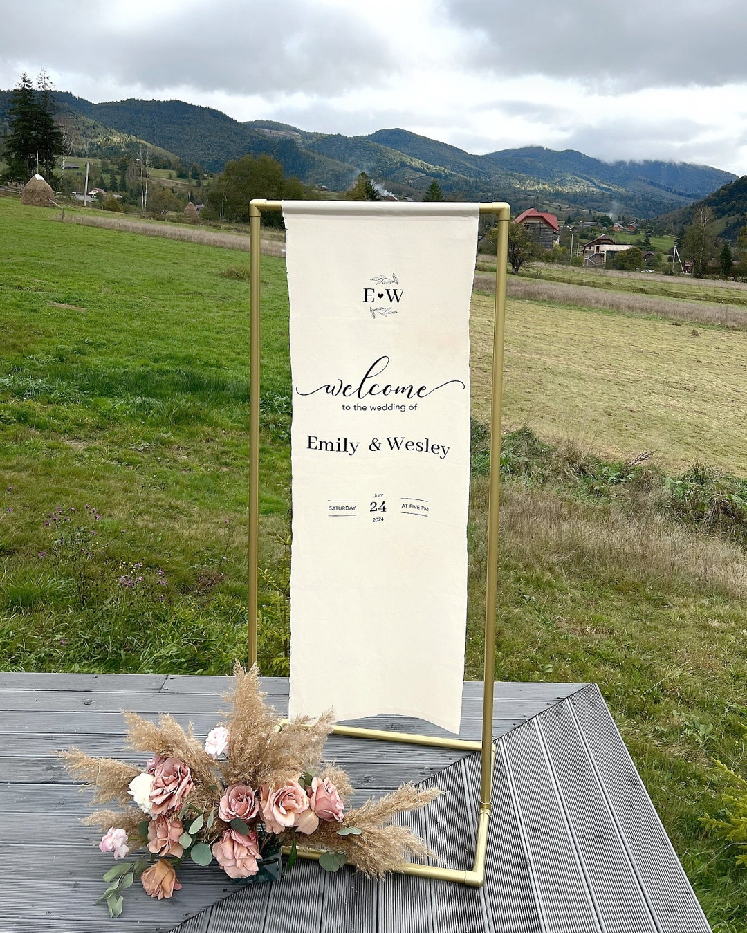 Gold Metal Stand for Welcome Sign, Personalized Linen Banner for ...