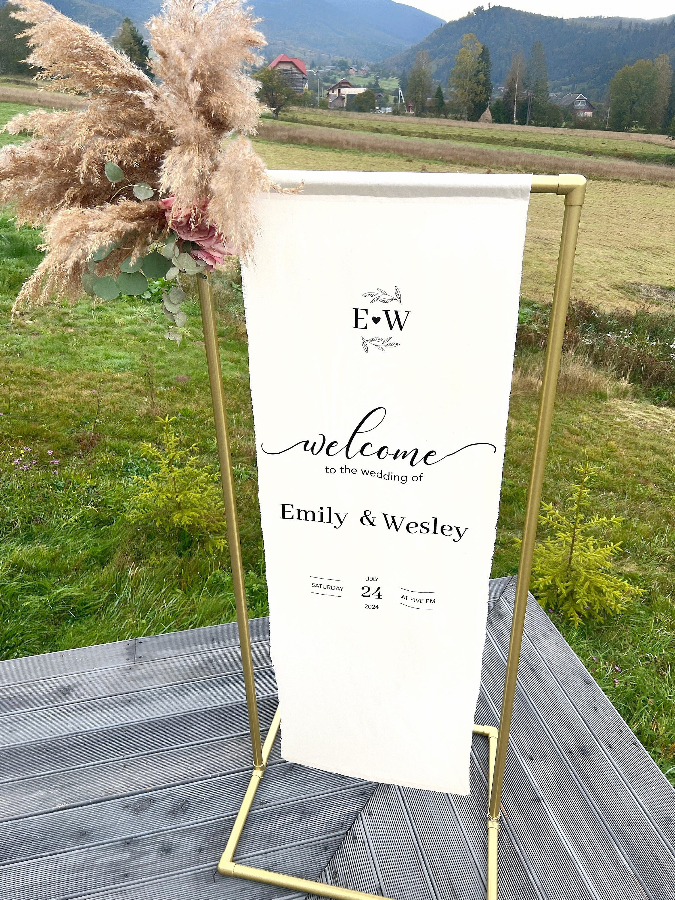 Wedding Welcome Sign, Cotton Wedding Banner and Stand, Wedding Fabric ...